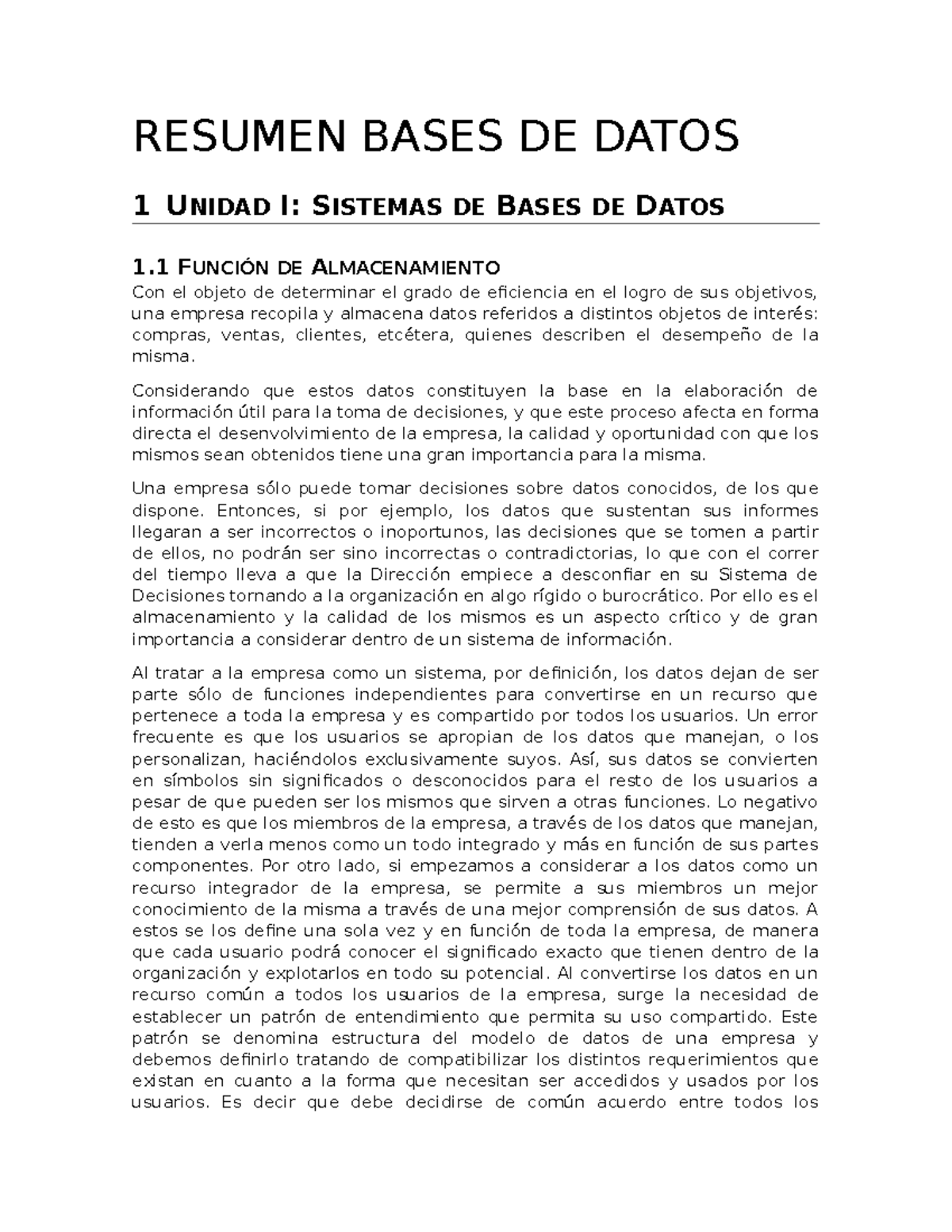 Resumen Final Base de Datos - RESUMEN BASES DE DATOS 1 UNIDAD I ...