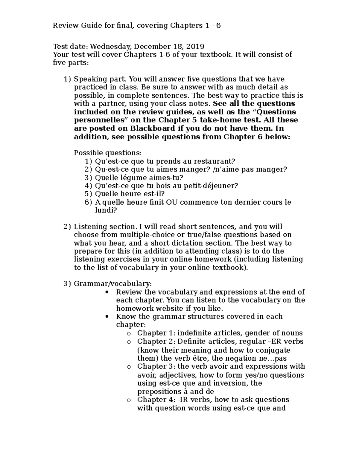 Review Guide for final exam, over Chapters 1-6 - Review Guide for final ...