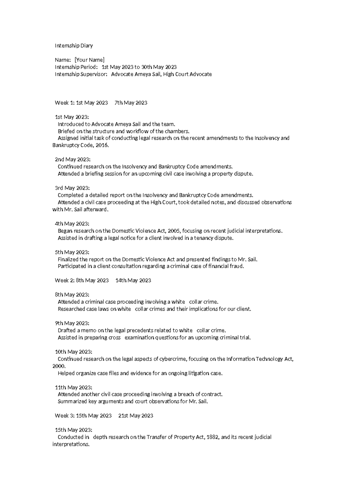 Id2 - notes for a law - Internship Diary Name: [Your Name] Internship ...