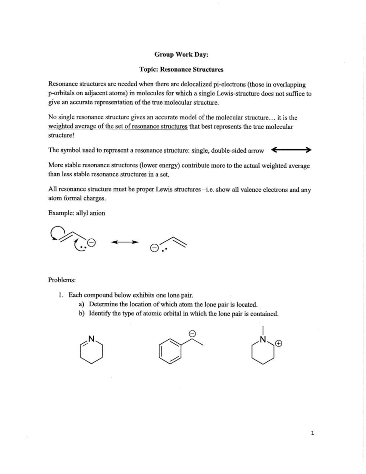 Group Work Day 1-Resonance Questions - Group Work Day: Topic: Resonance ...
