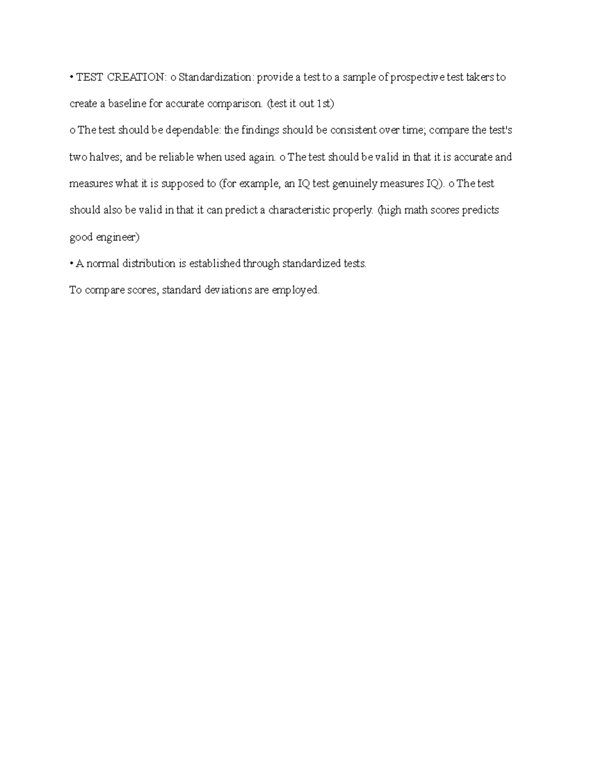 TEST Creation - notes - TEST CREATION: o Standardization: provide a ...