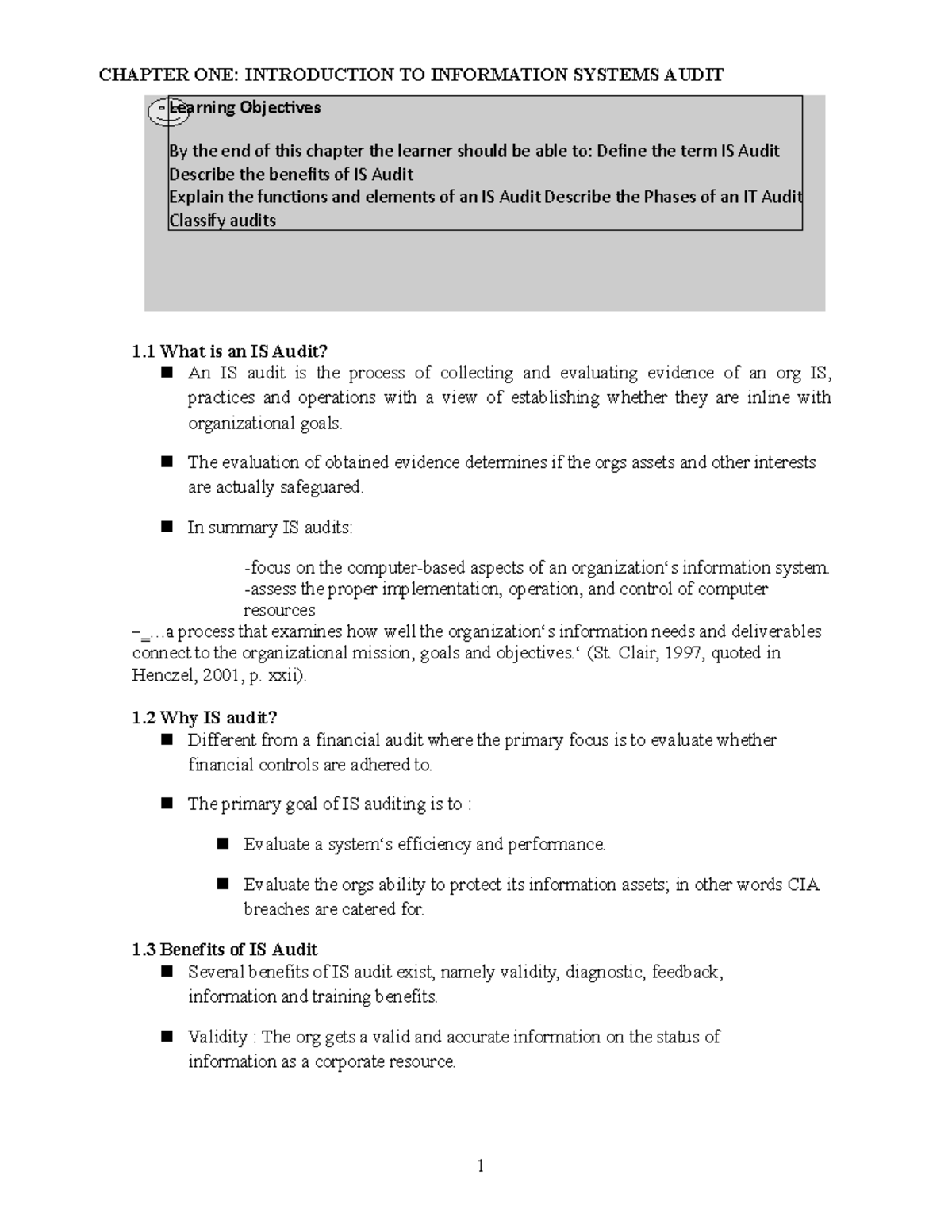 Information-systems-audit lecture notes - 1 Learning Objectives By the ...