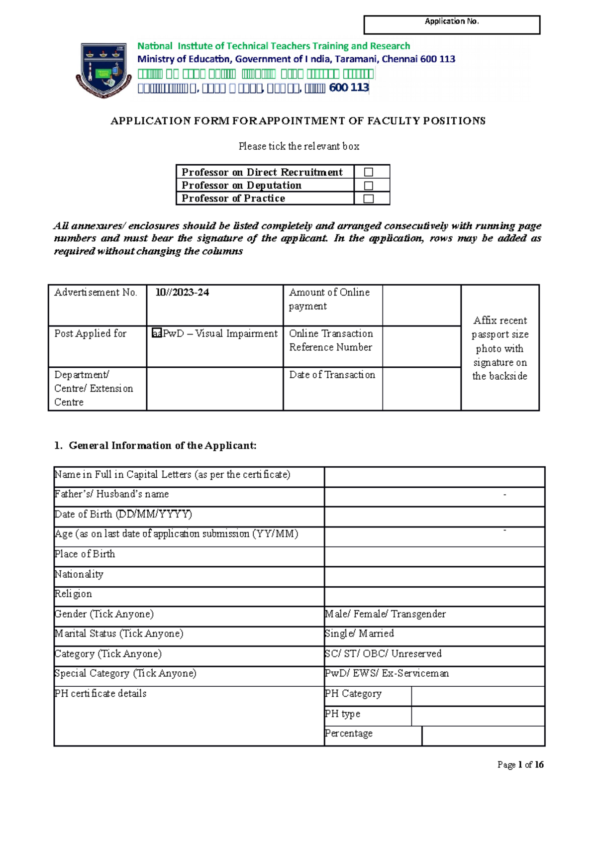 Application Form for Professor - Application No. APPLICATION FORM FOR ...