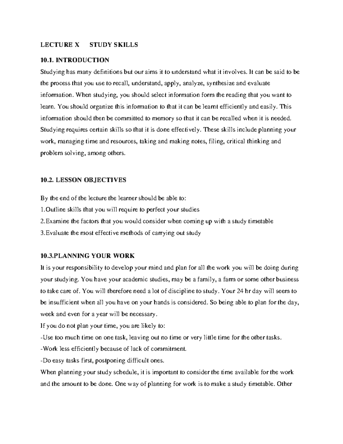 Lecture X Study Skills - LECTURE X STUDY SKILLS 10. INTRODUCTION ...