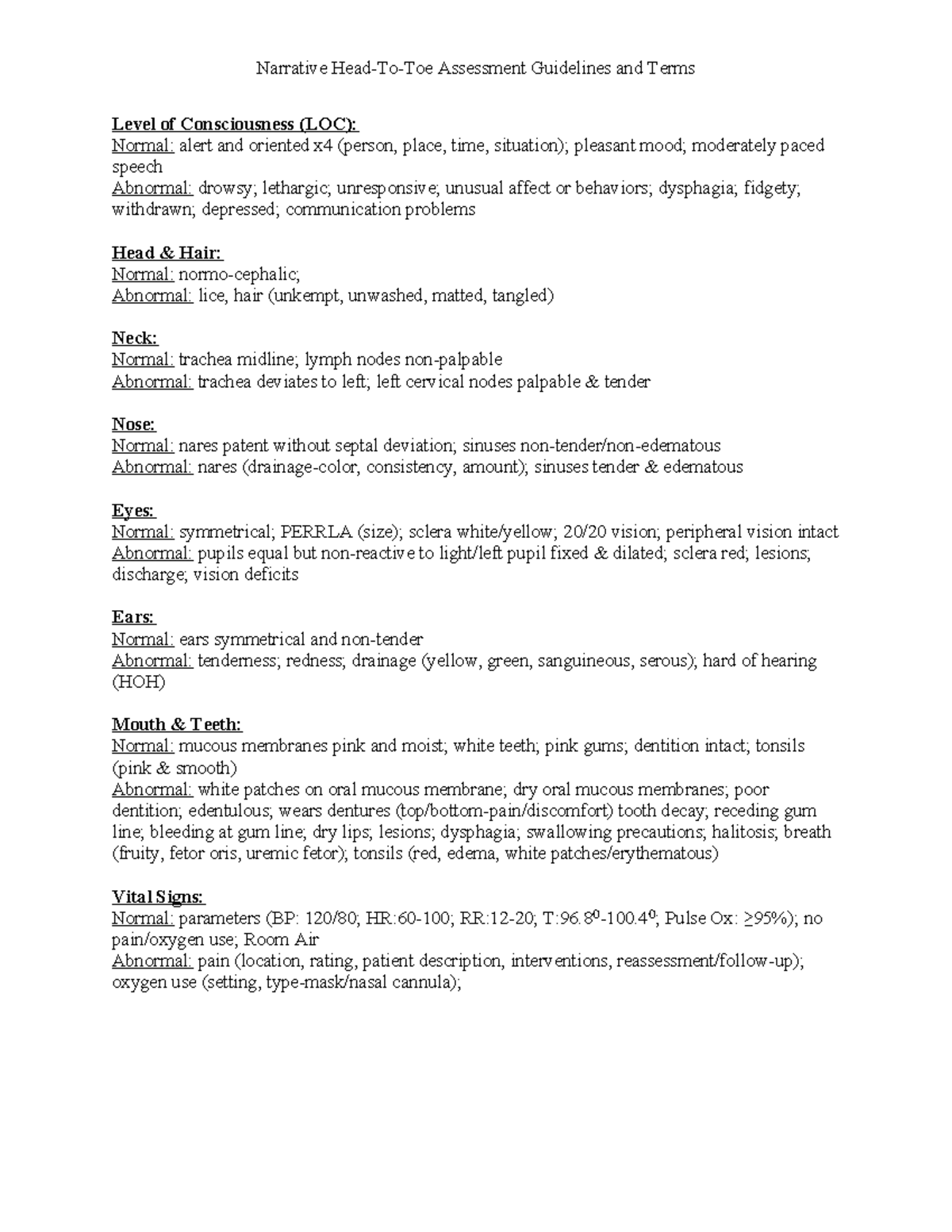 Narrative Head To Toe Assessment Guidelines and Terms(2) - Narrative ...