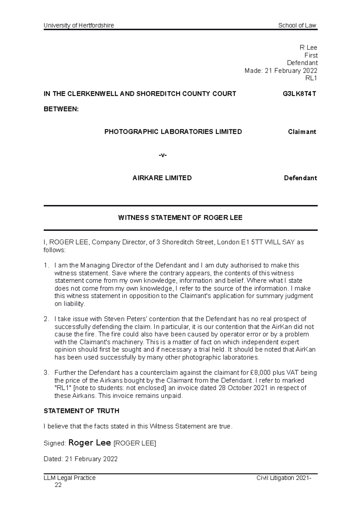 Doc 10 - Defendant's summary judgment witness statement - Roger Lee ...