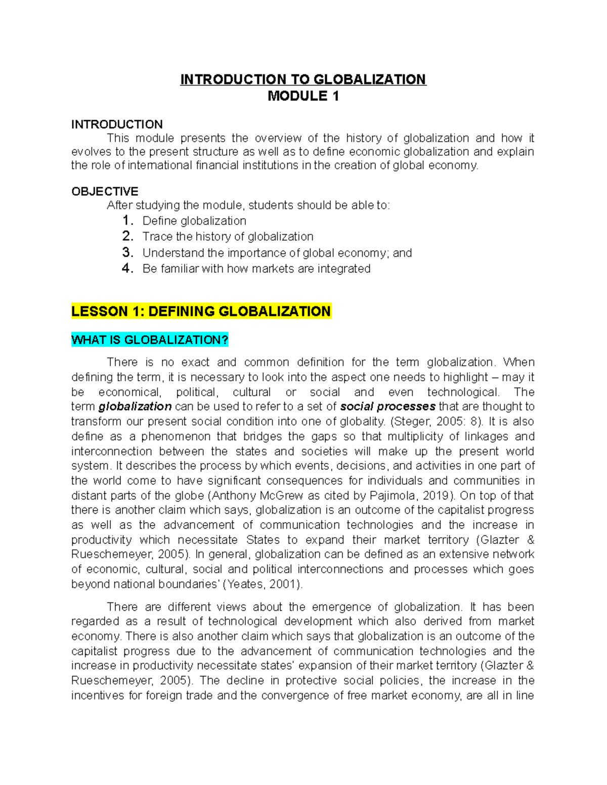 Module 1 - INTRODUCTION TO GLOBALIZATION MODULE 1 INTRODUCTION This ...