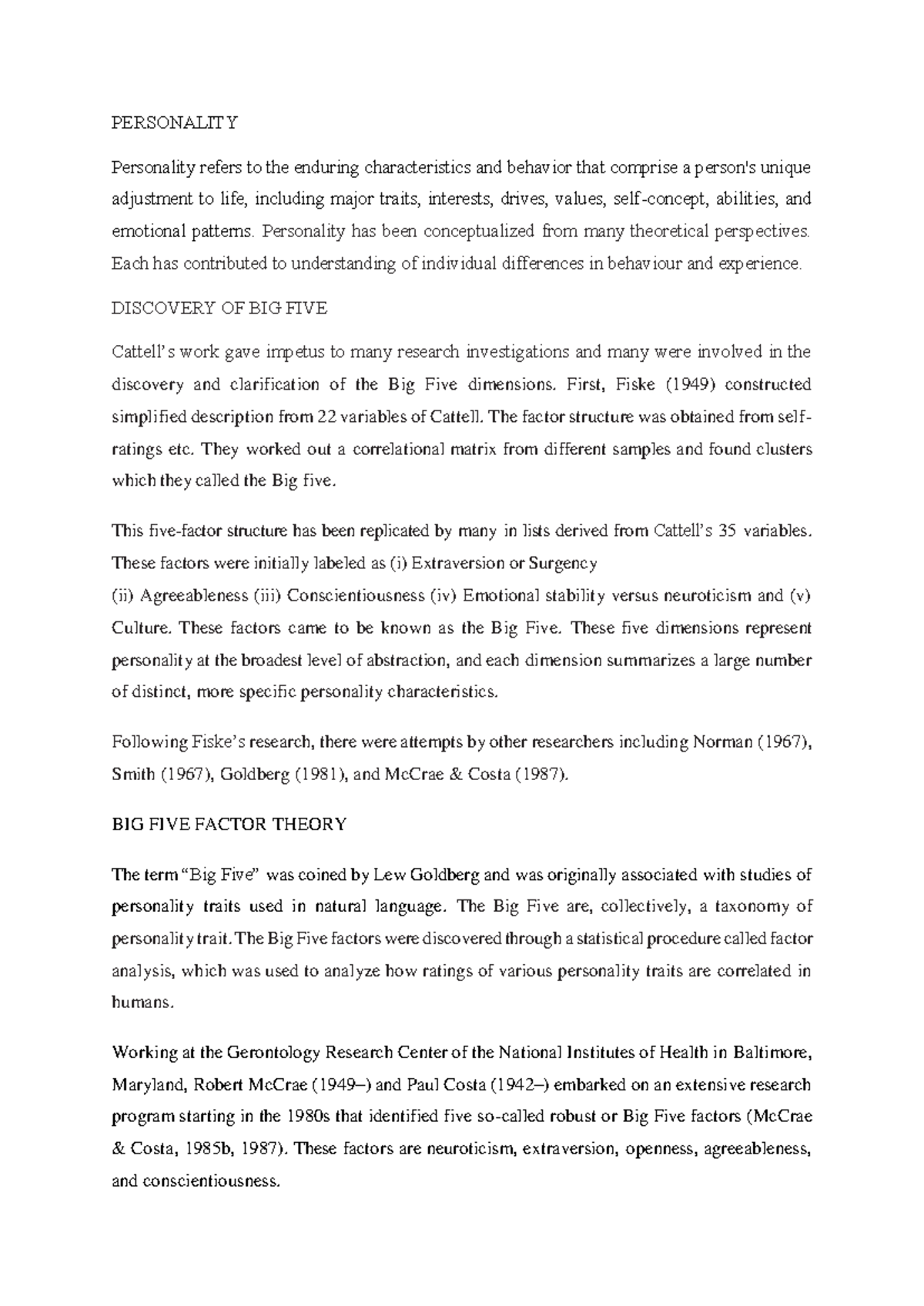 Big Five Factor Of Personality - PERSONALITY Personality refers to the ...