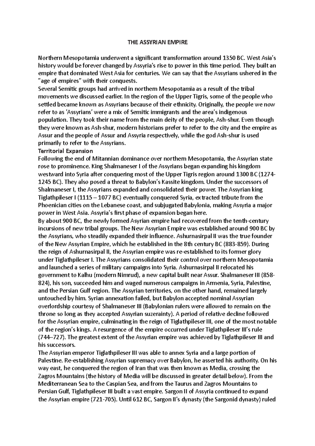 THE Assyrian Empire - THE ASSYRIAN EMPIRE Northern Mesopotamia ...