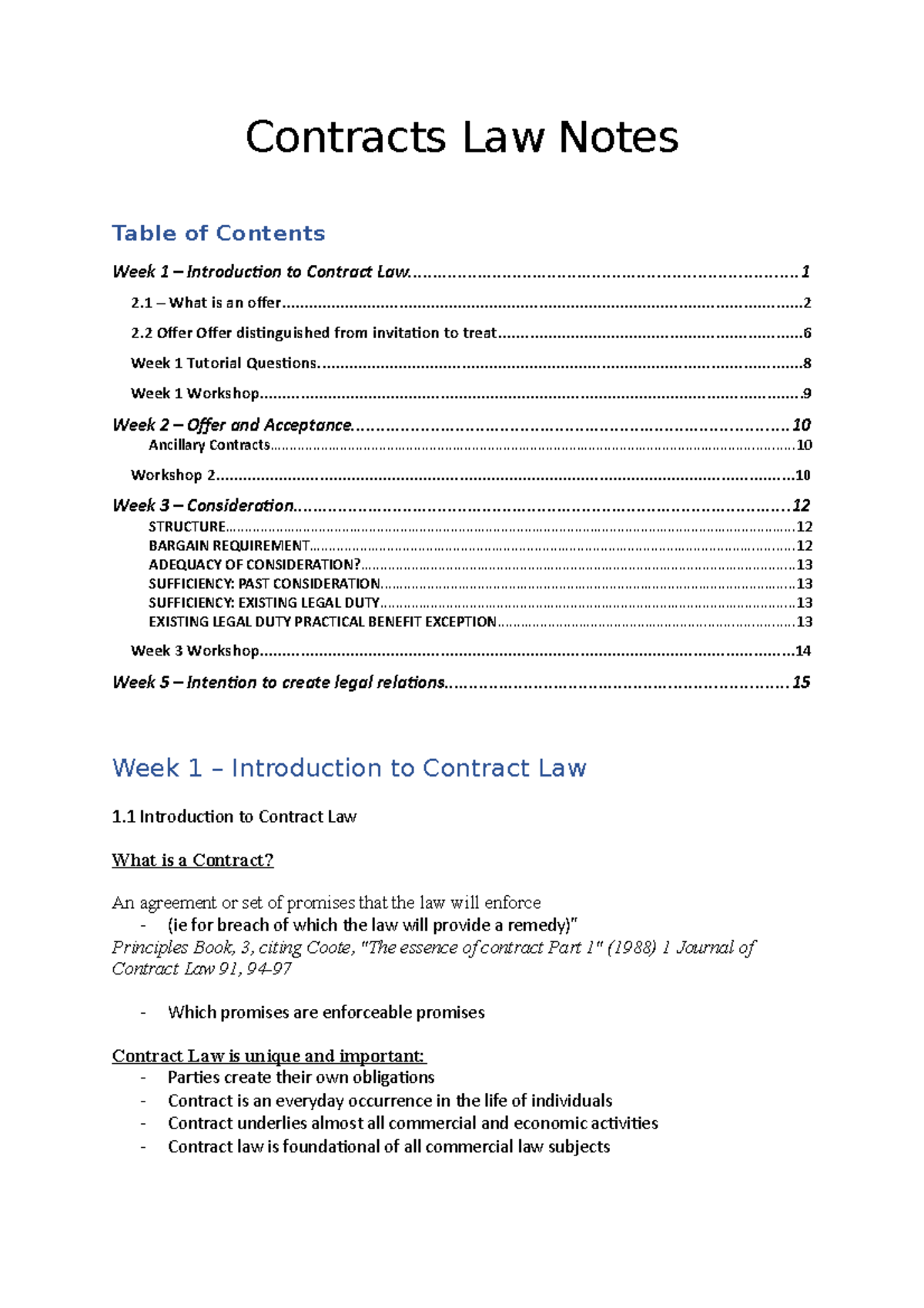 Contracts Law Notes - Contracts Law Notes Table of Contents Week 1 ...