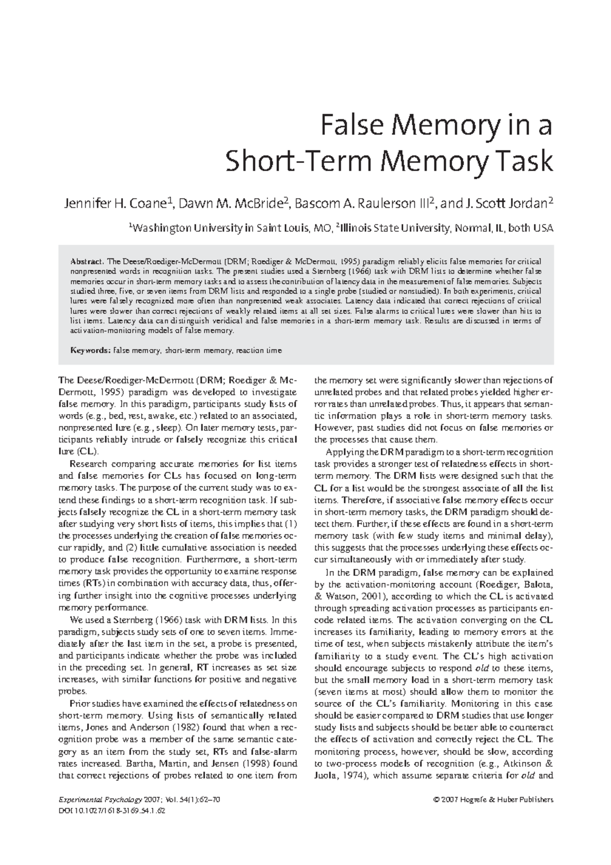 Coane et al. [2007 ] - J. Coane et al.: False Sho rt-Term ...