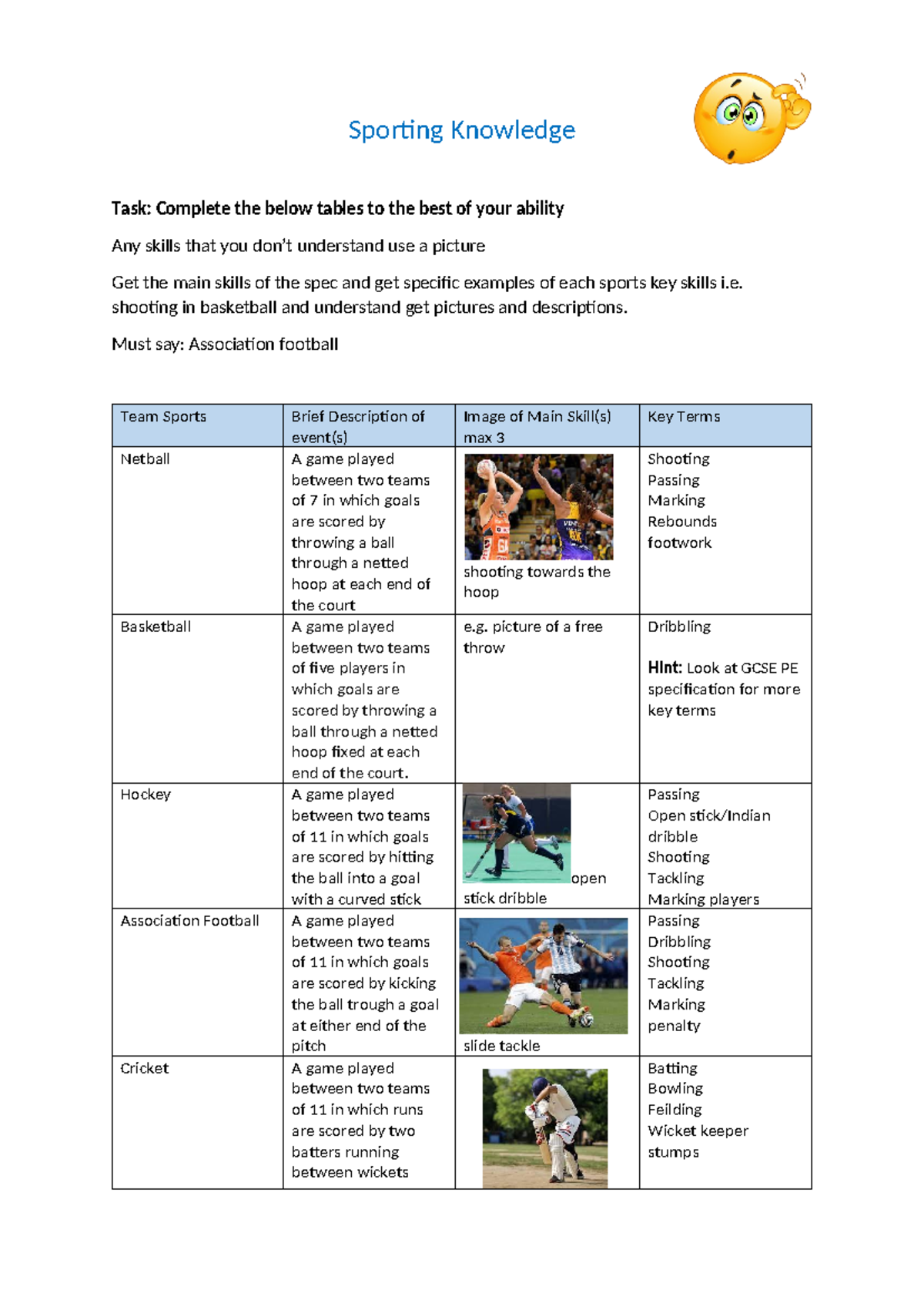 Sporting Knowledge - Sporting Knowledge Task: Complete the below tables ...