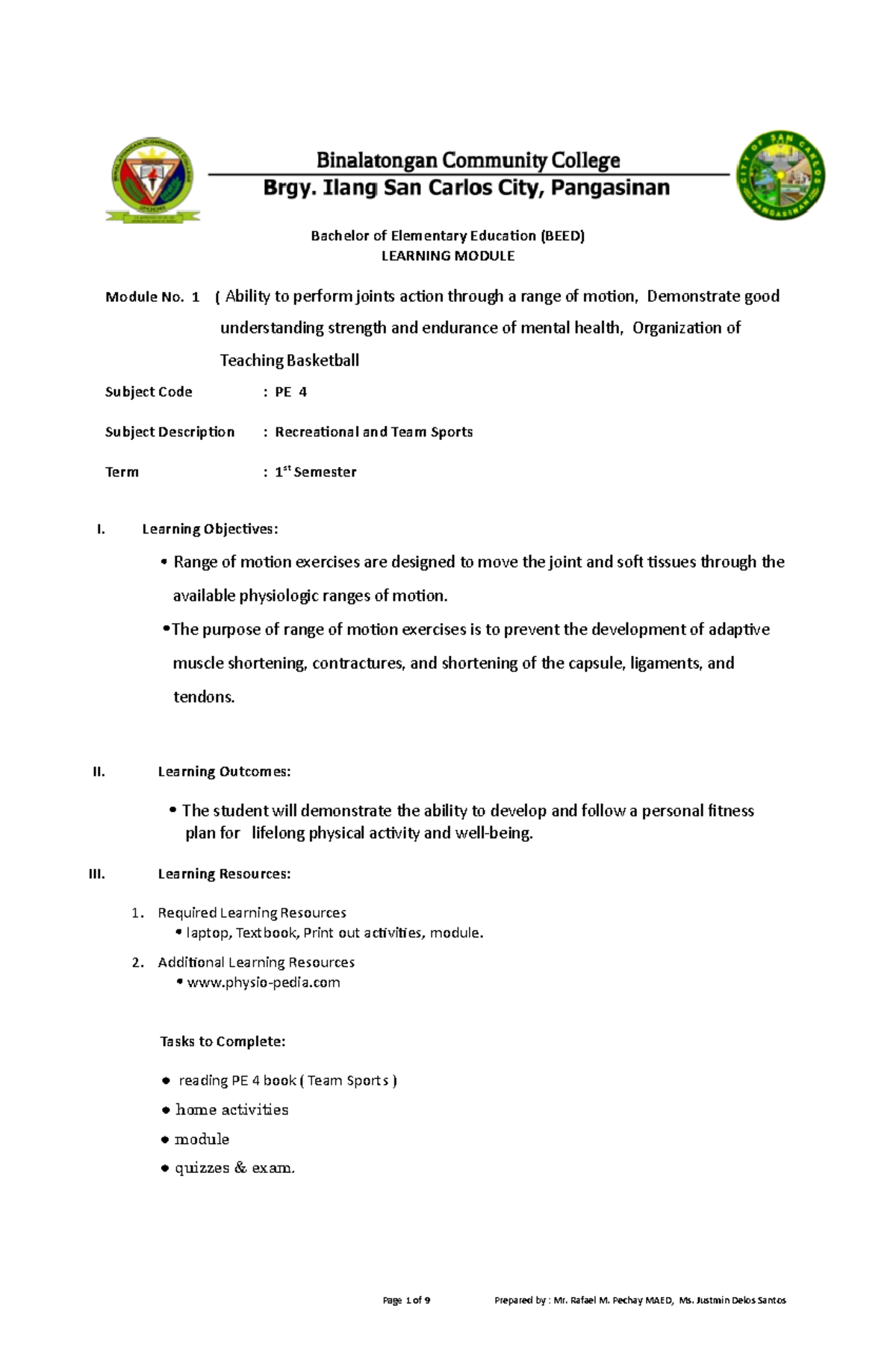 Module-1-PE4 - Lecture notes 15 - Bachelor of Elementary Education ...