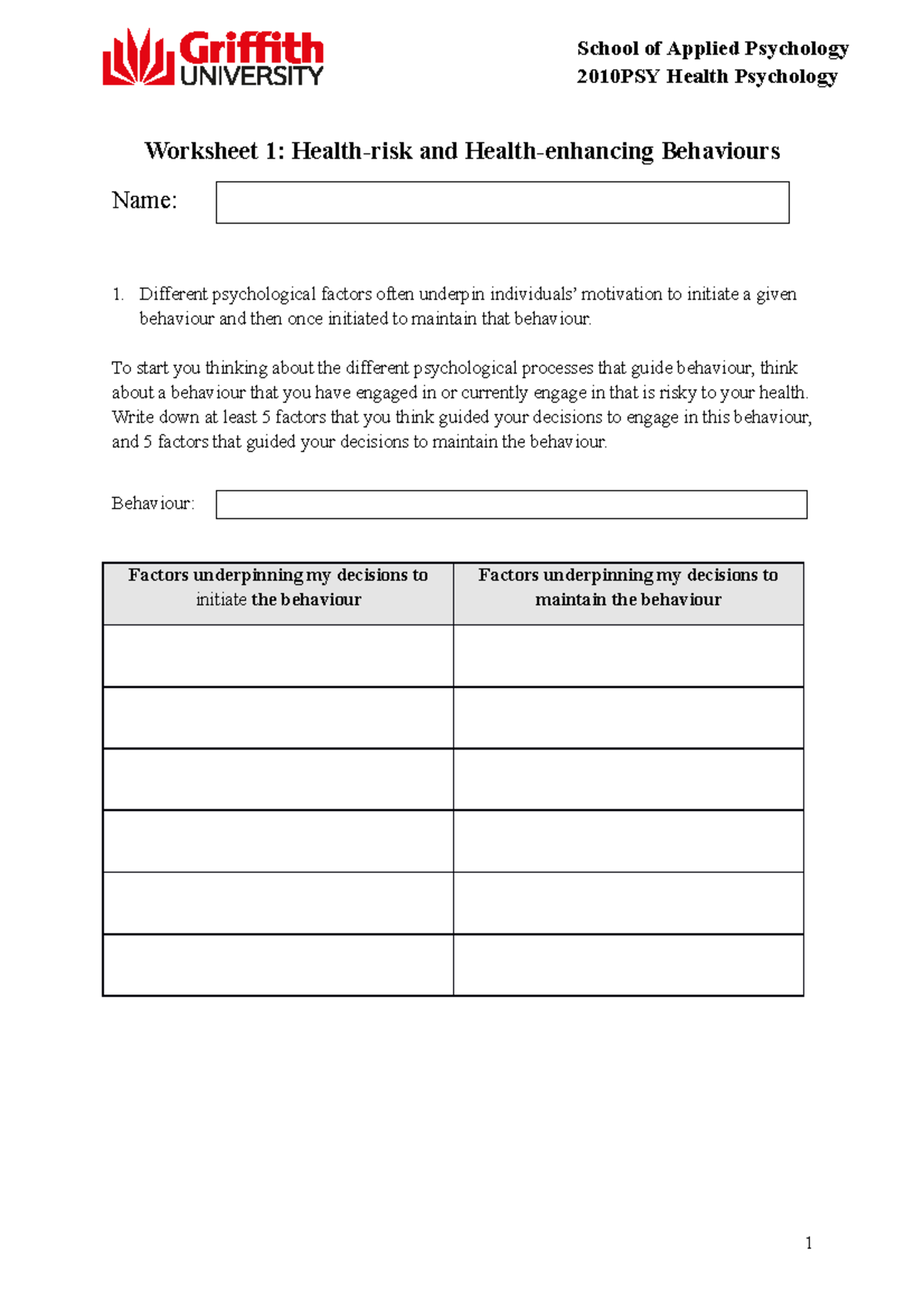 2010 PSY Worksheet 1 - Health Risk and enhancing Behavior - 2010PSY ...