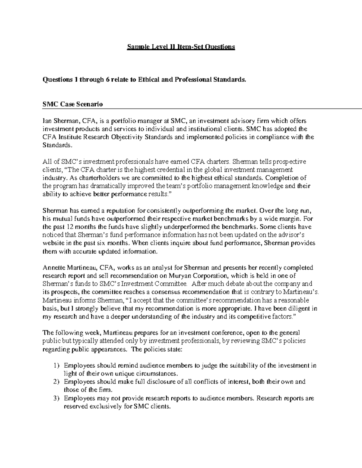 CFA Level II Item-Set Questions - Sample Level II Item-Set Questions ...
