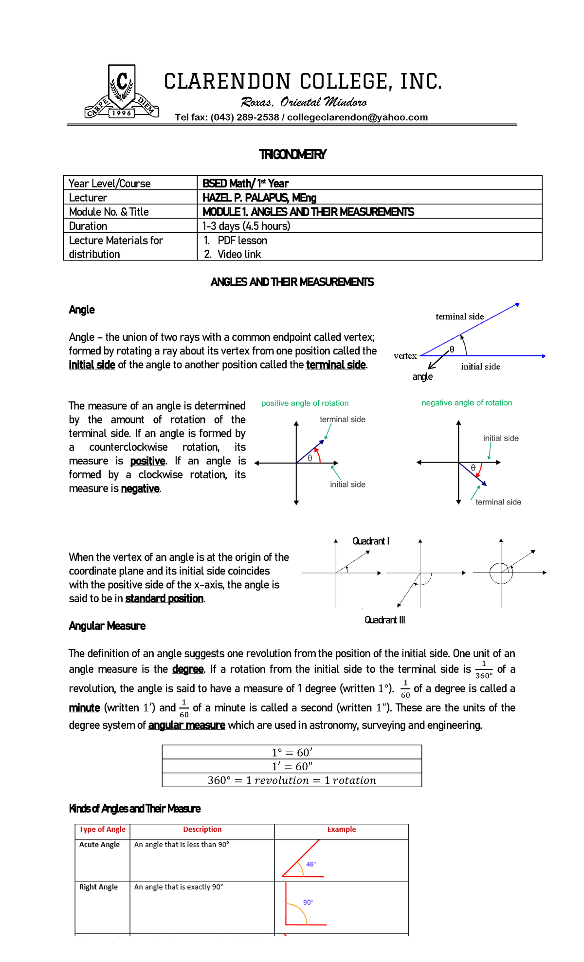 Trigo Module 1. Angles and their Measurements Final - CLARENDON COLLEGE ...