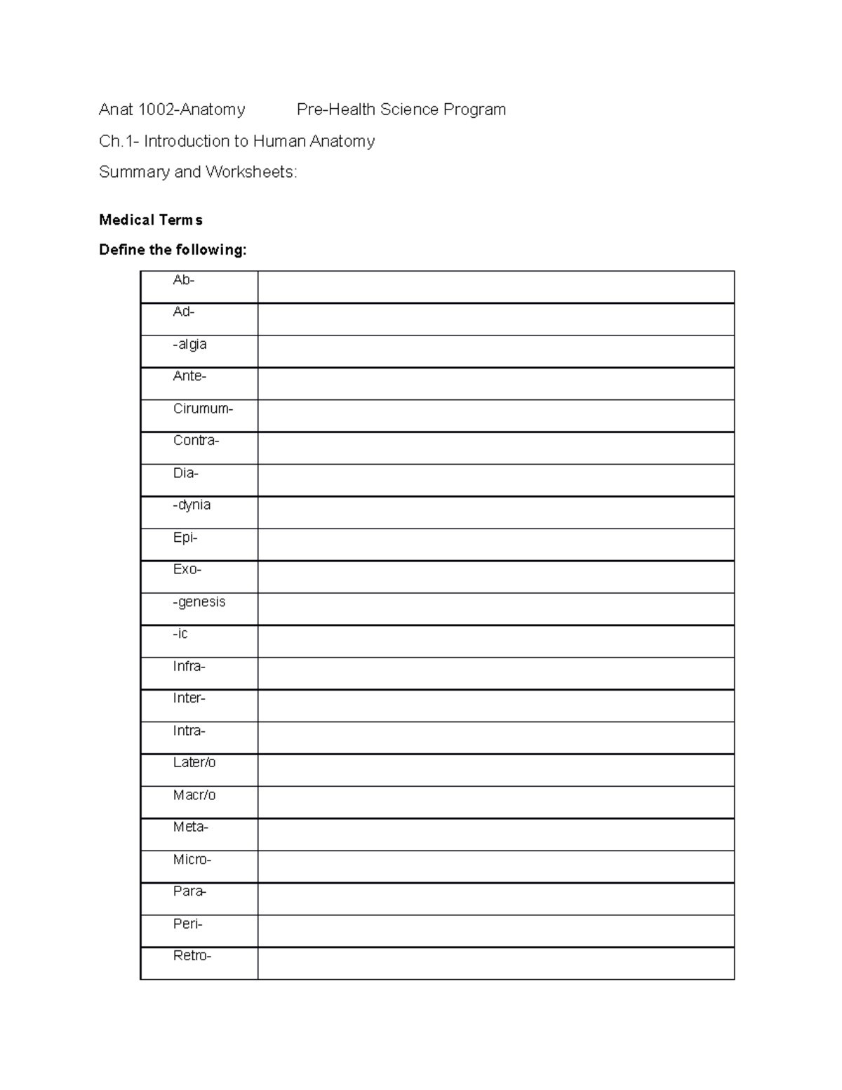 Chapter 1 Worksheets Anatomy Worksheet Extra Practice Anat 1002