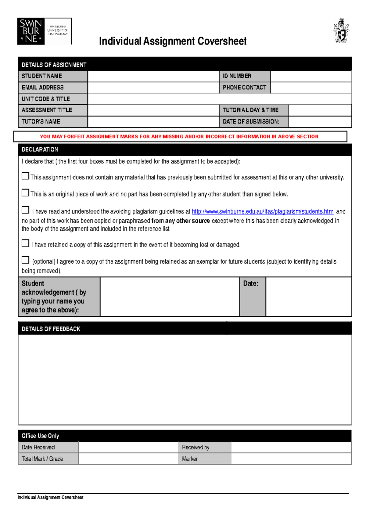 Indiv Assignment Cover Sheet - Individual Assignment Coversheet DETAILS ...