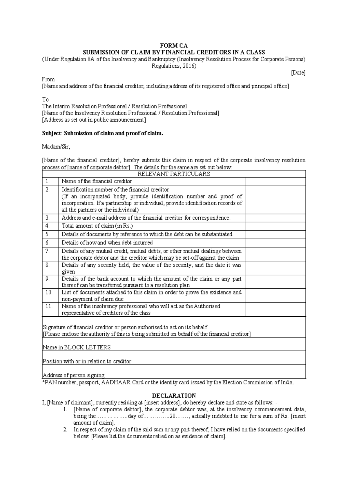 Form CA - Claim form - FORM CA SUBMISSION OF CLAIM BY FINANCIAL ...