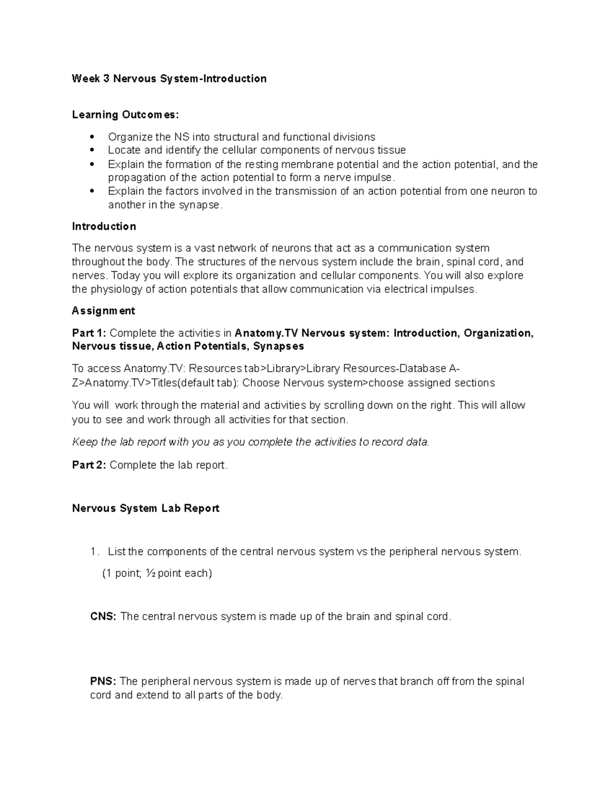 ap lab homework - Week 3 Nervous System-Introduction Learning Outcomes ...