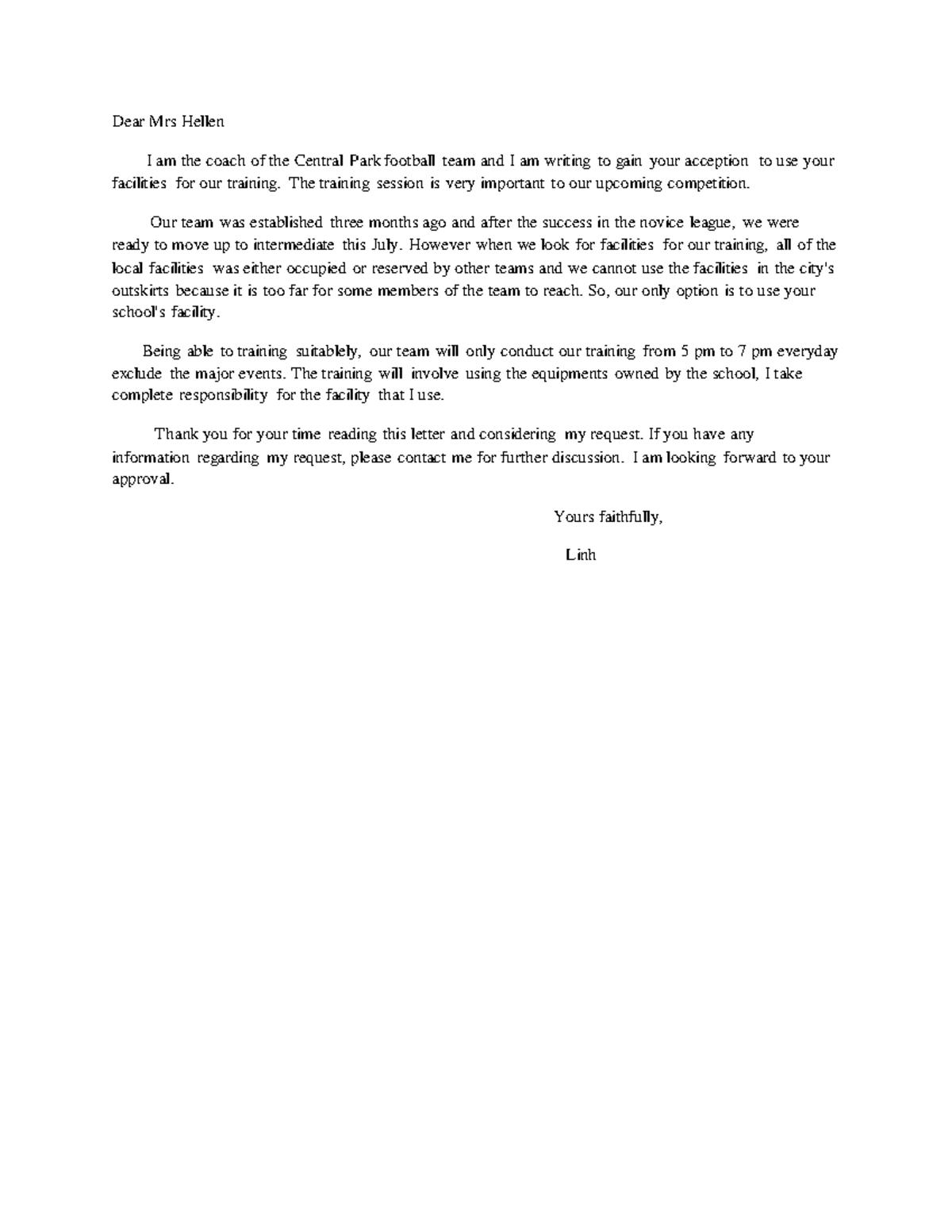 Nguyenlinh-letter 7 - fun - Dear Mrs Hellen I am the coach of the ...