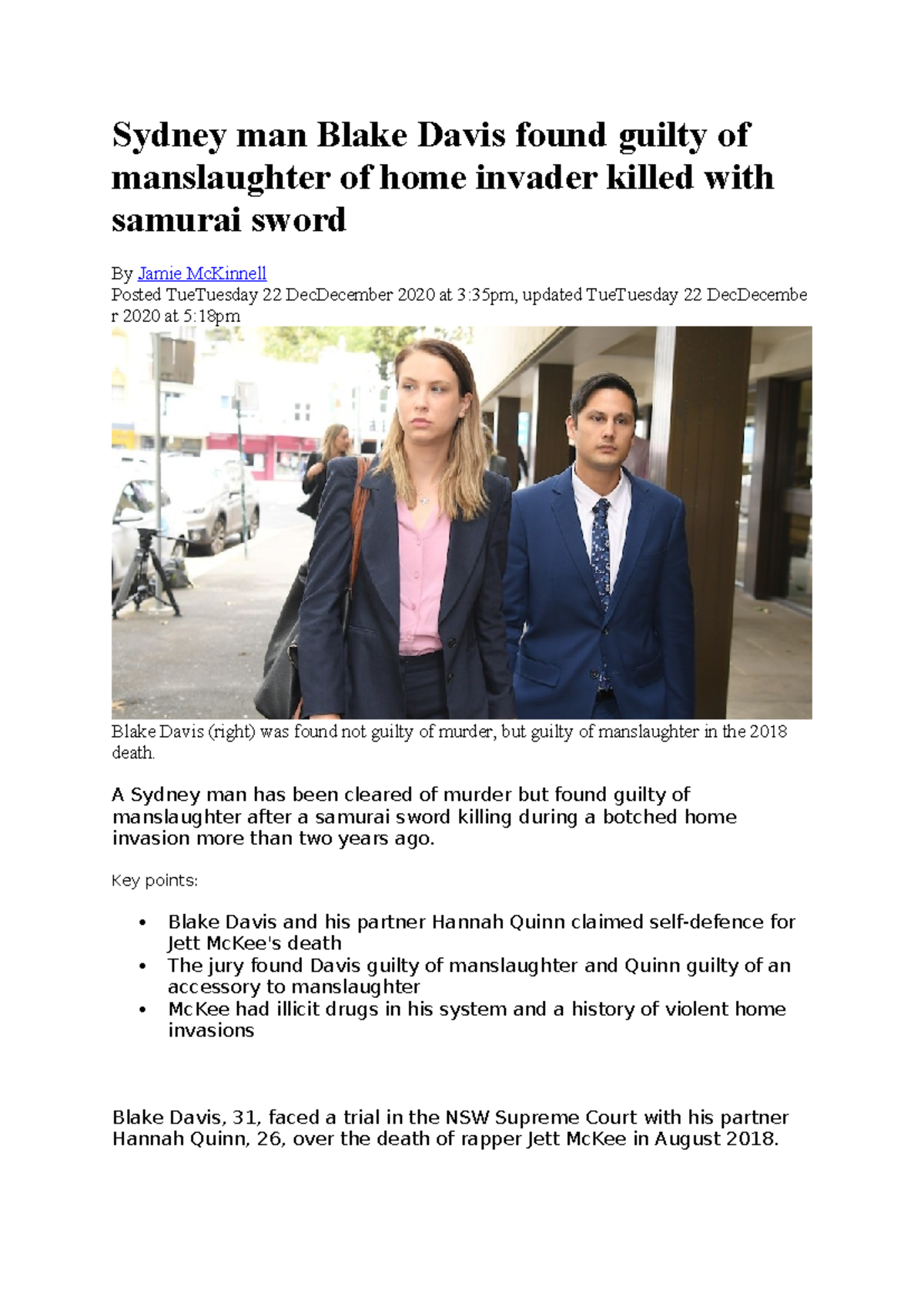 Blake Davis article summary - Sydney man Blake Davis found guilty of ...