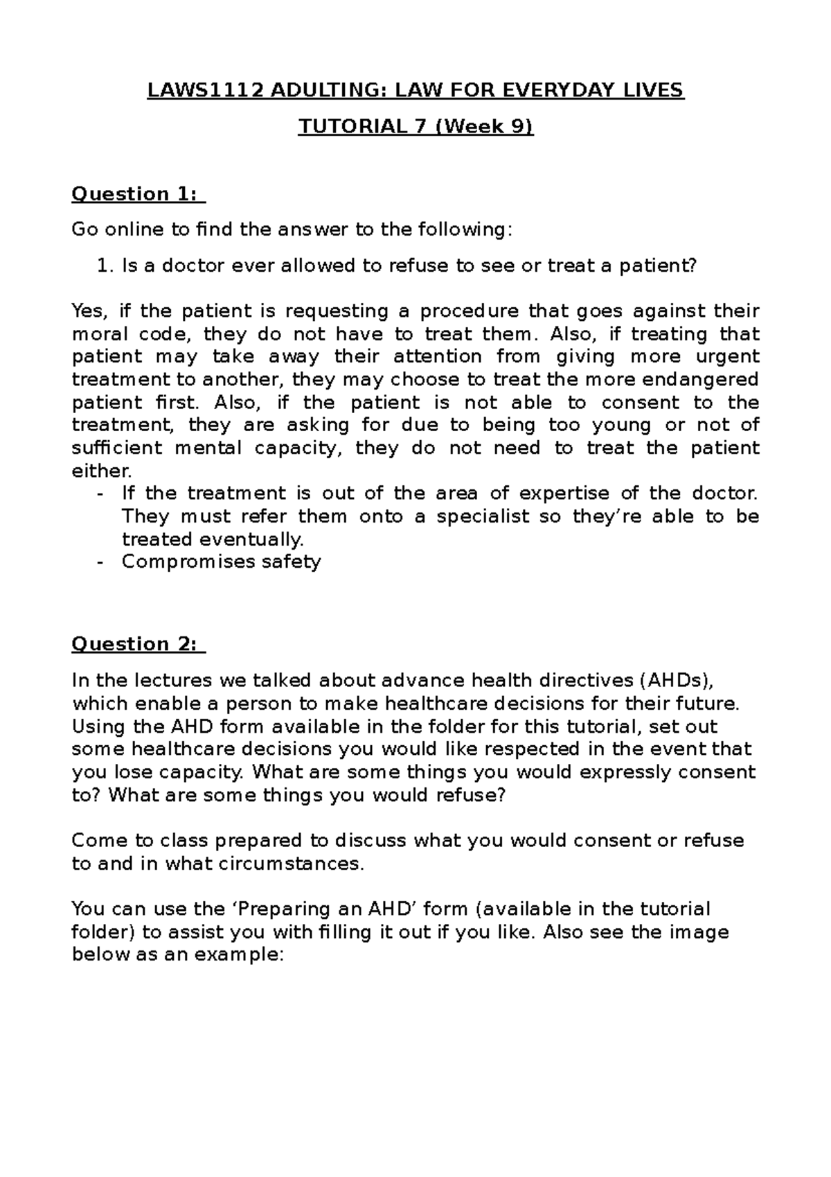 Health 1 Tutorial 7 2023 - LAWS1112 ADULTING: LAW FOR EVERYDAY LIVES ...