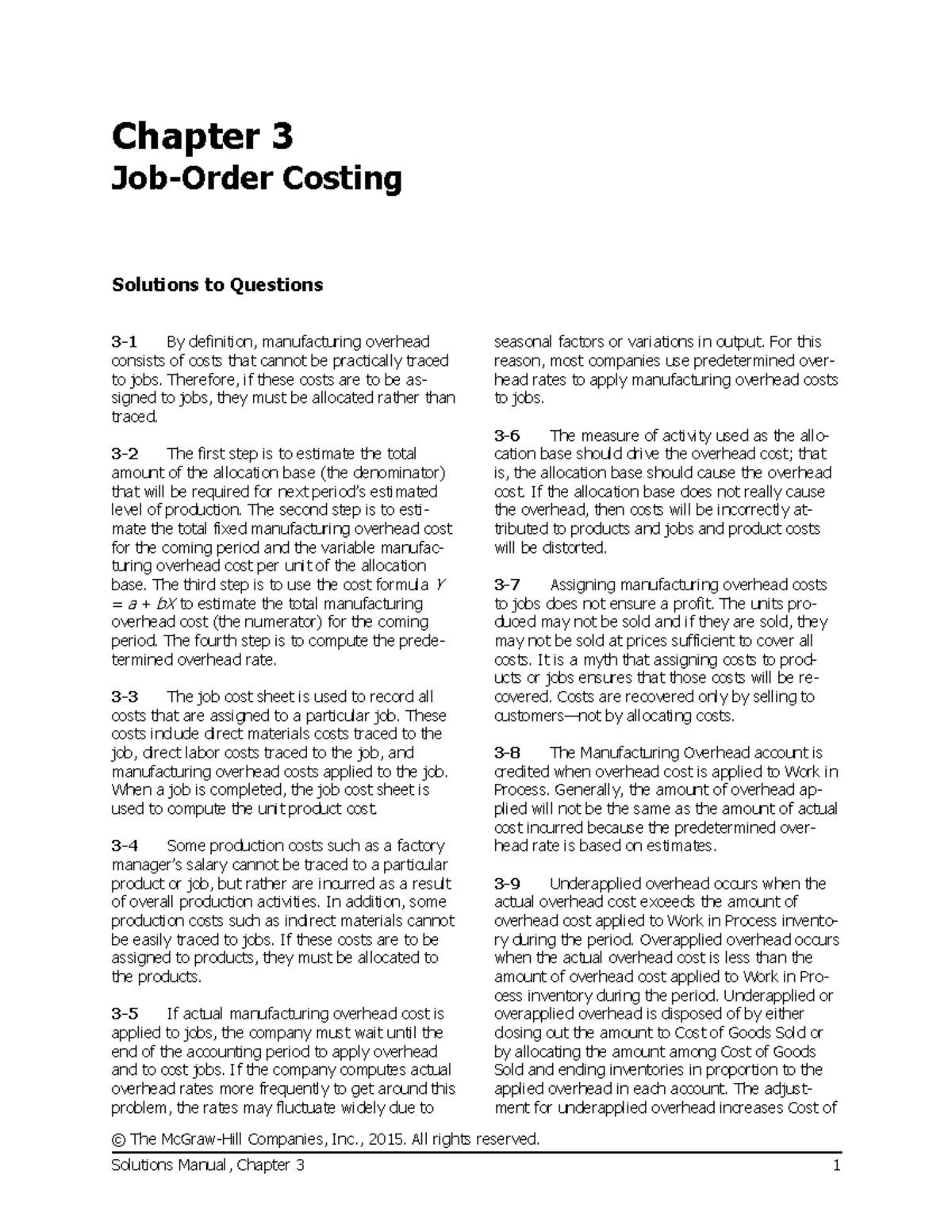 Managerial accounting chapter 3 solution - © The McGraw-Hill Companies, Inc., 2015. All rights ...