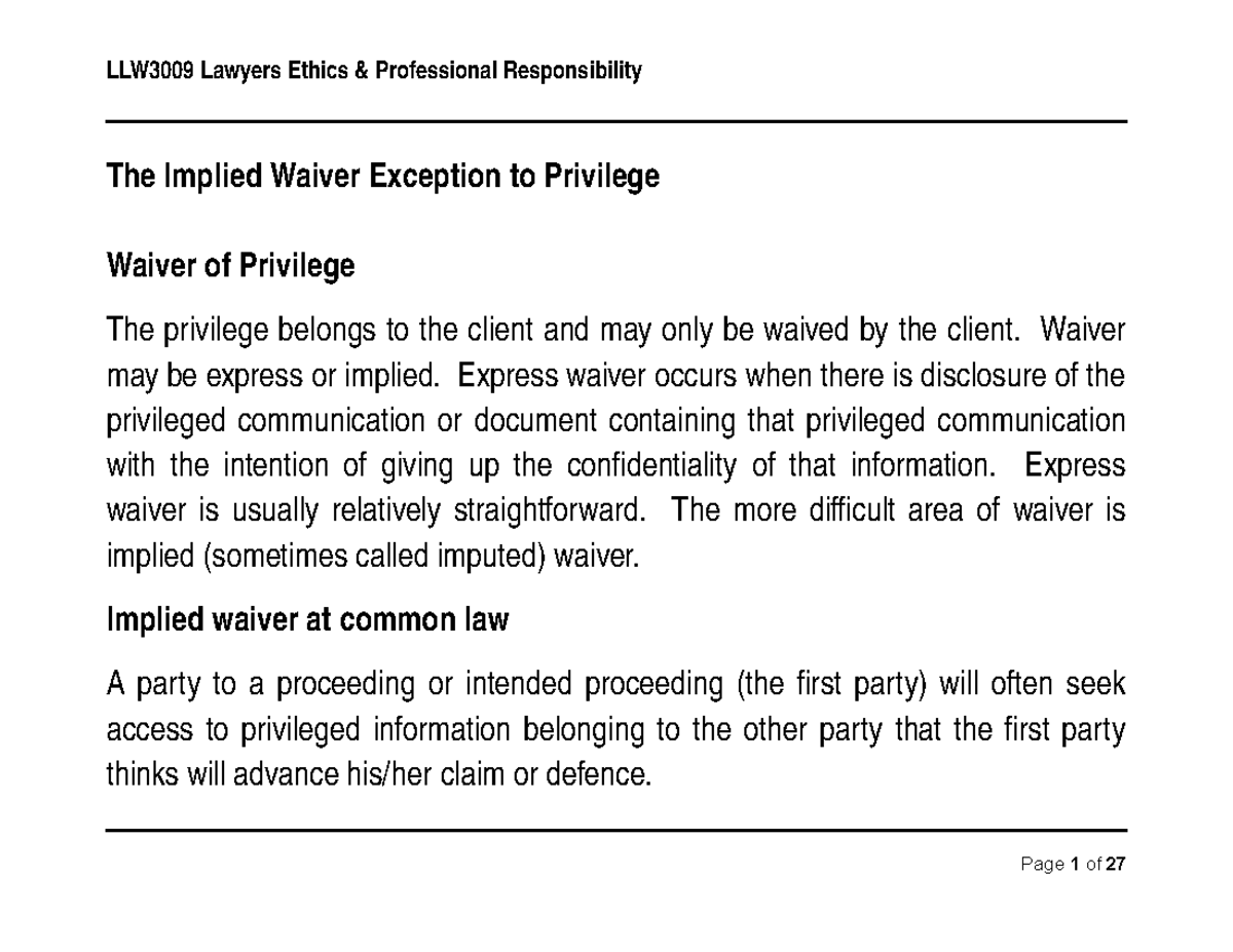 The Implied Waiver Exception to Privilege - Waiver may be express or ...