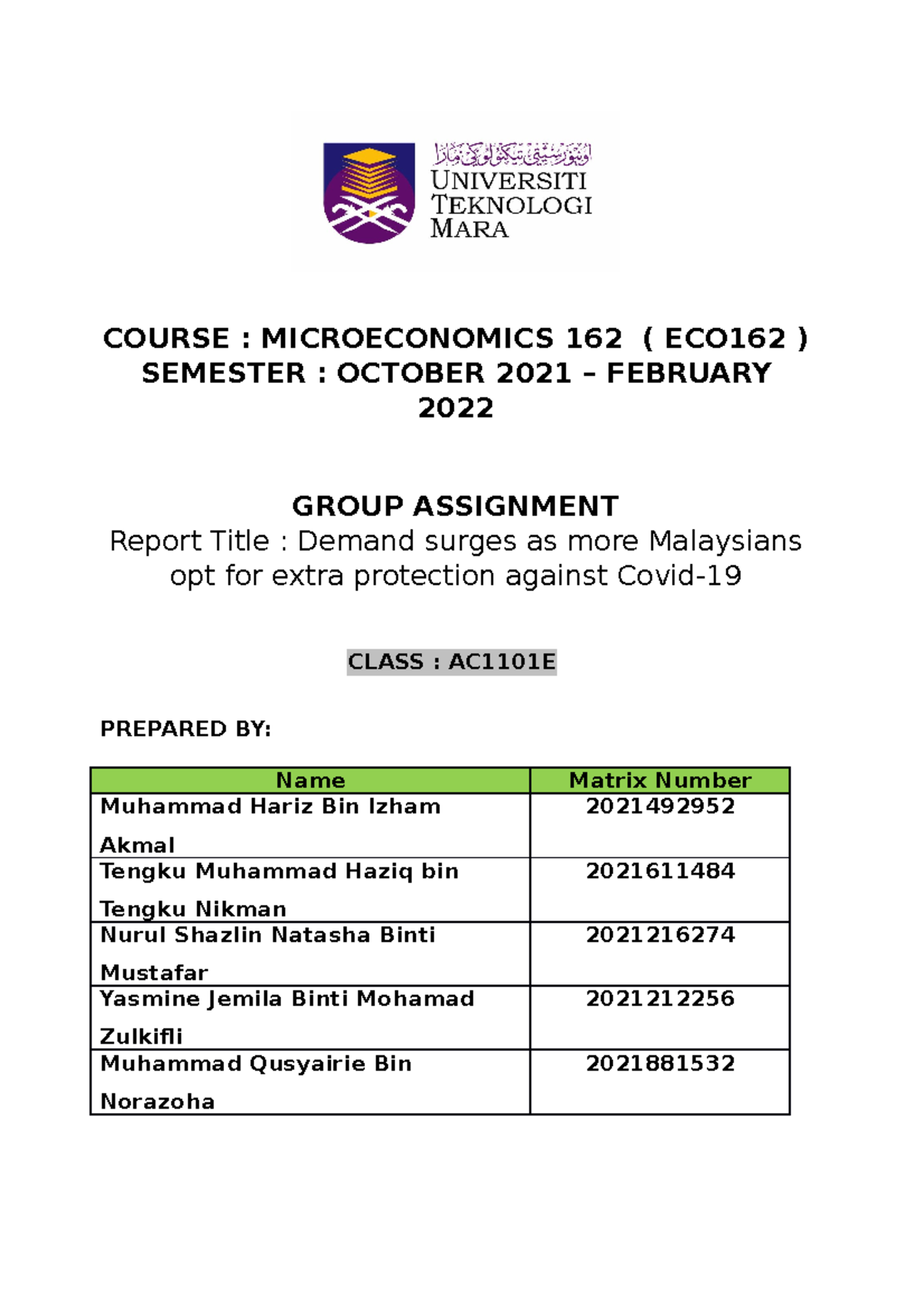ECO162 Assignment ASDASDASDASD - COURSE : MICROECONOMICS 162 ( ECO162 ) SEMESTER : OCTOBER 2021 ...