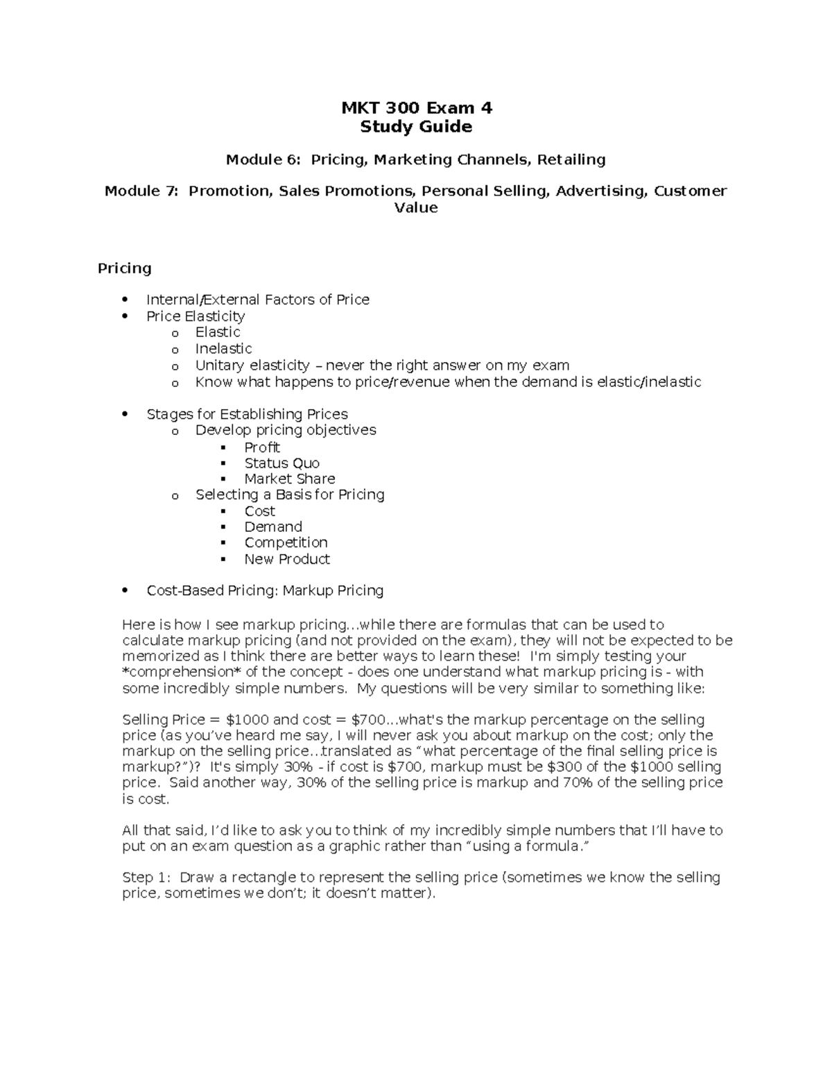 Study Guide Exam 4 - N/A - MKT 300 Exam 4 Study Guide Module 6: Pricing ...