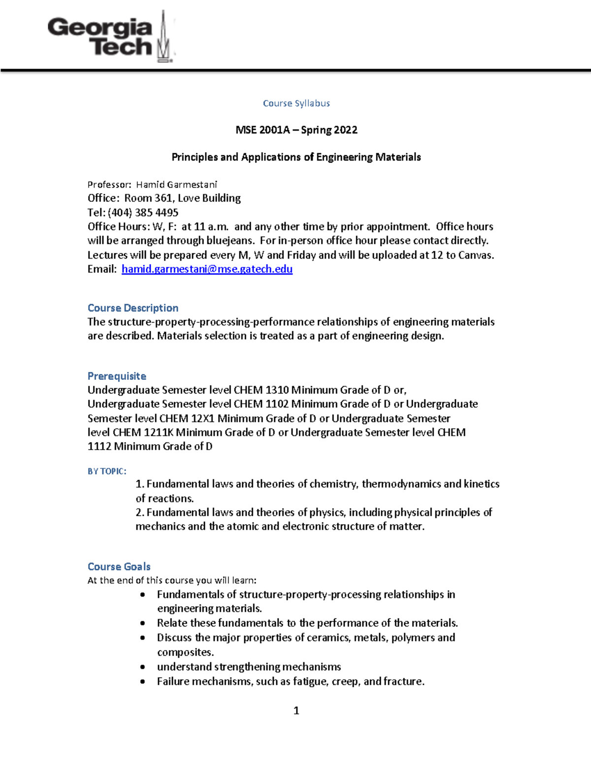 MSE2001 A Spring 2022 syllabus-1 - Course Syllabus MSE 2001A – Spring ...