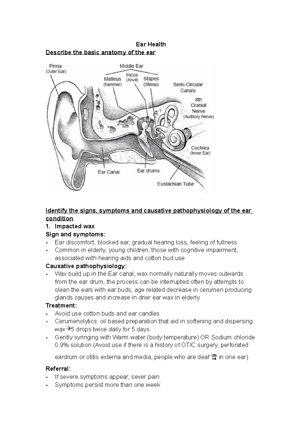 Week3-4 revision - Lecture notes EAR - Ear Health Describe the basic ...