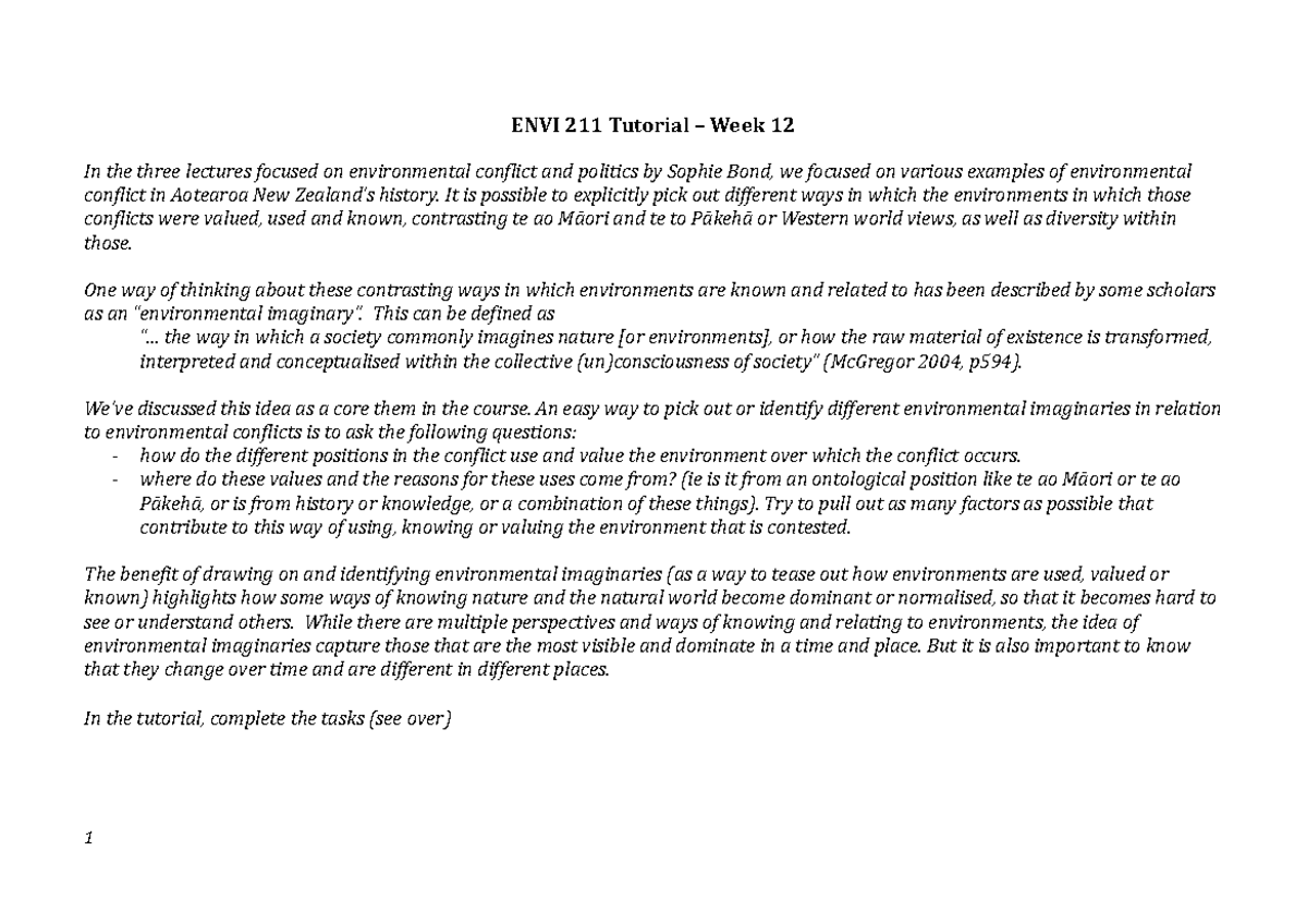 ENVI 211 Tutorial - ENVI 211 Tutorial – Week 12 In the three lectures focused on environmental ...