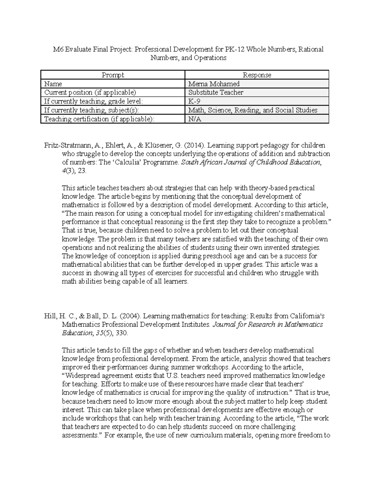 M6 Evaluate Final Project Professional Development for PK-12 Whole ...