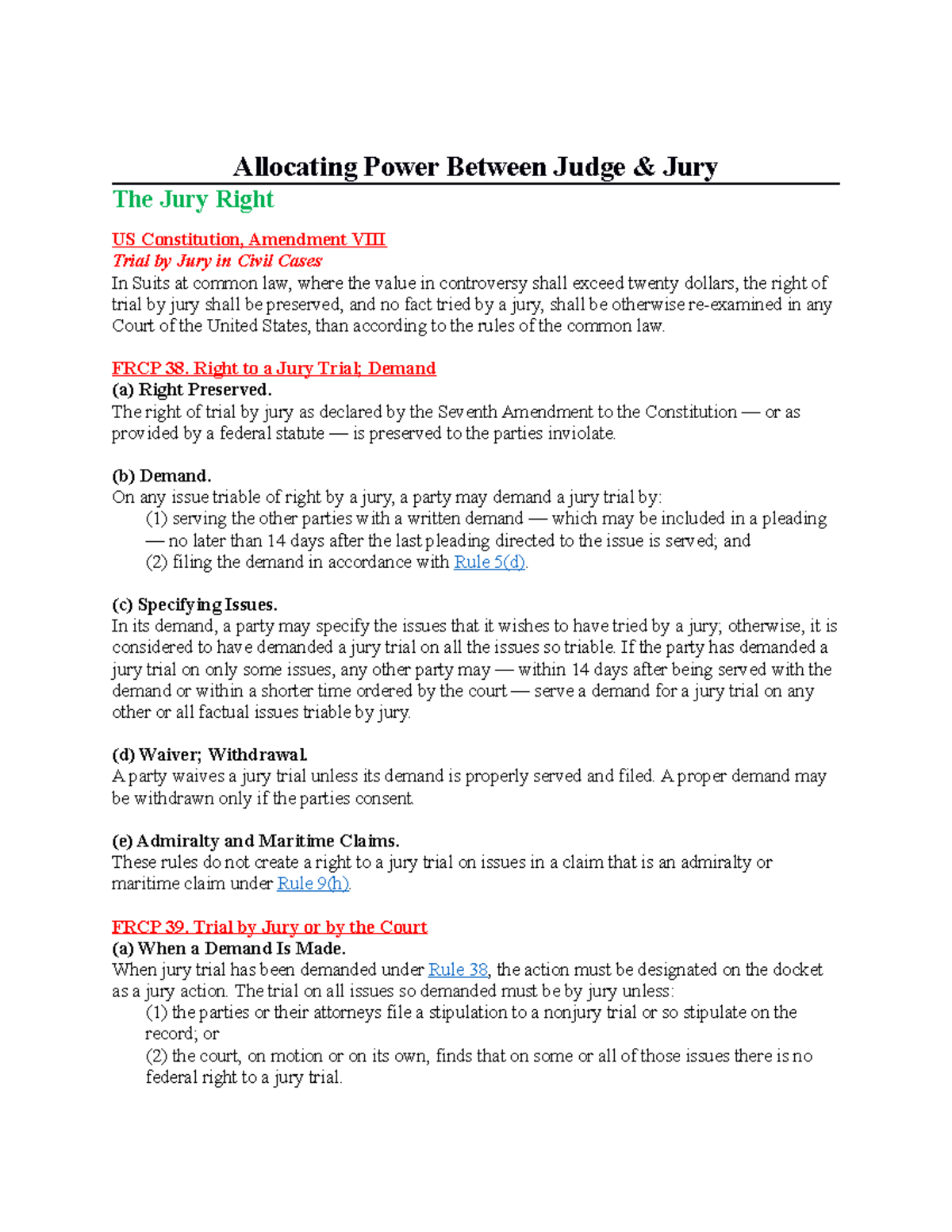 Civil Procedure - Prof Bender - Allocating Power Between Judge & Jury ...