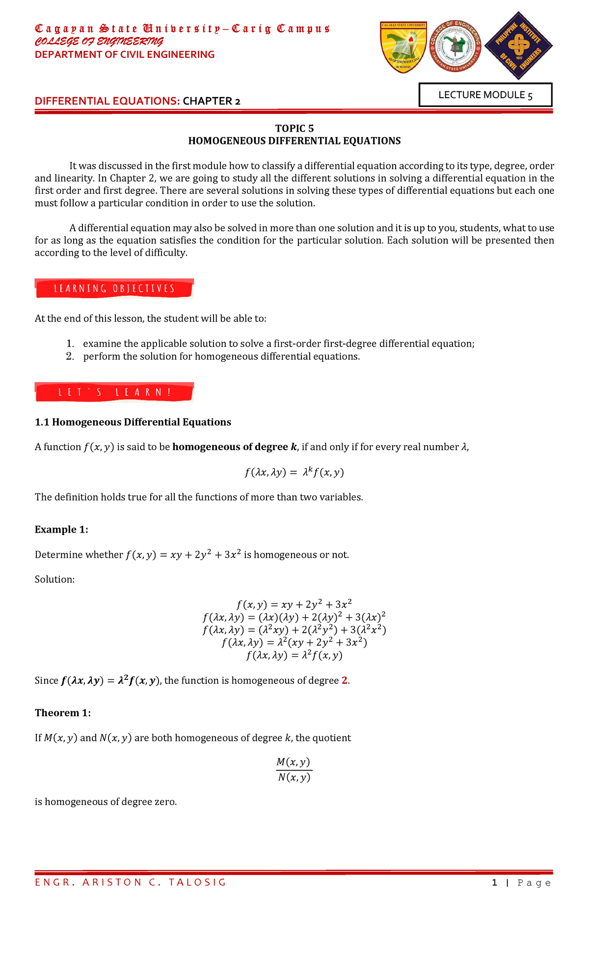 Module 5 Homogeneous Differential Equations - COLLEGE OF ENGINEERING ...