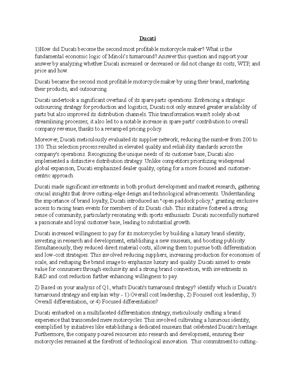 Case prep note 3 Ducati - Ducati 1)How did Ducati become the second most profitable motorcycle ...