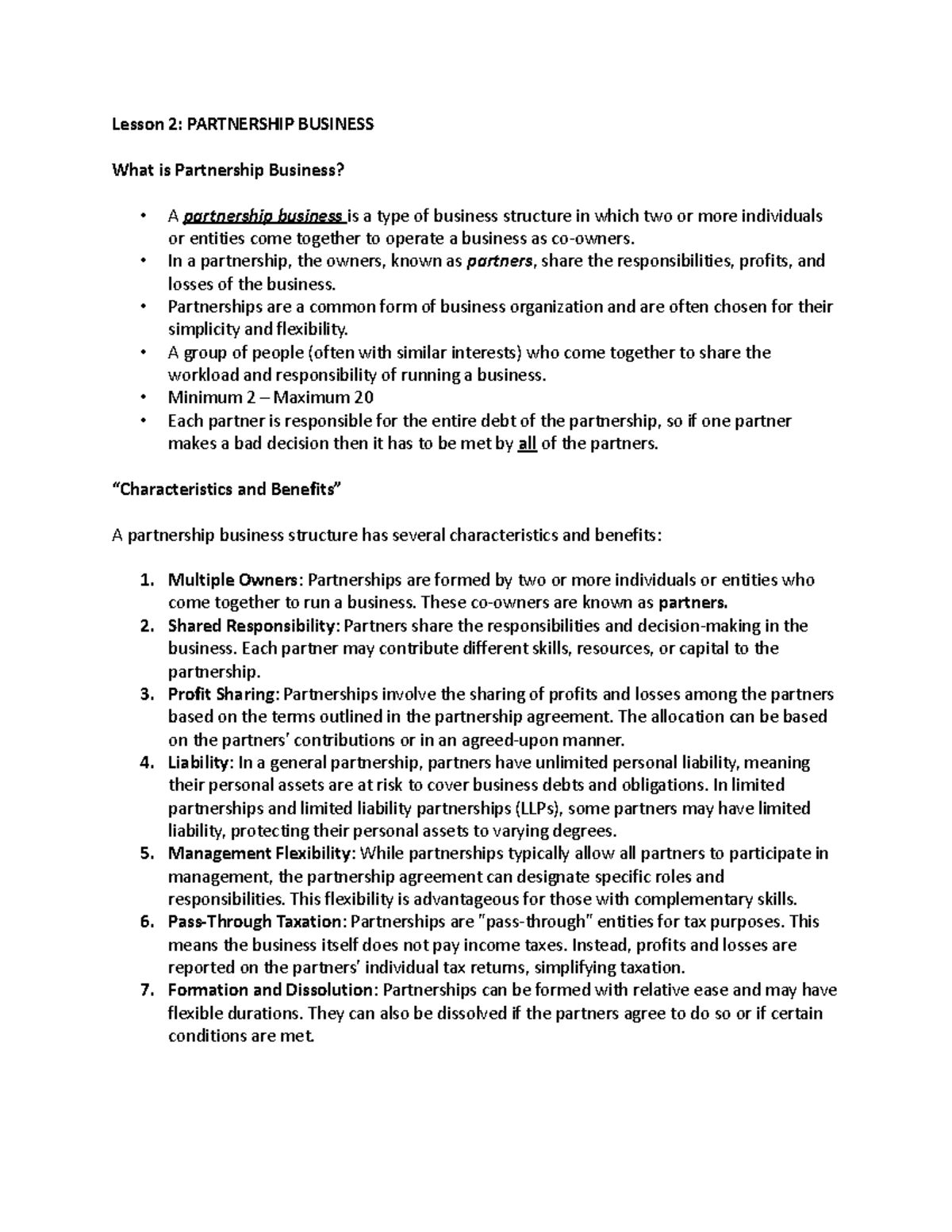 sole proprietorship - Lesson 2: PARTNERSHIP BUSINESS What is ...