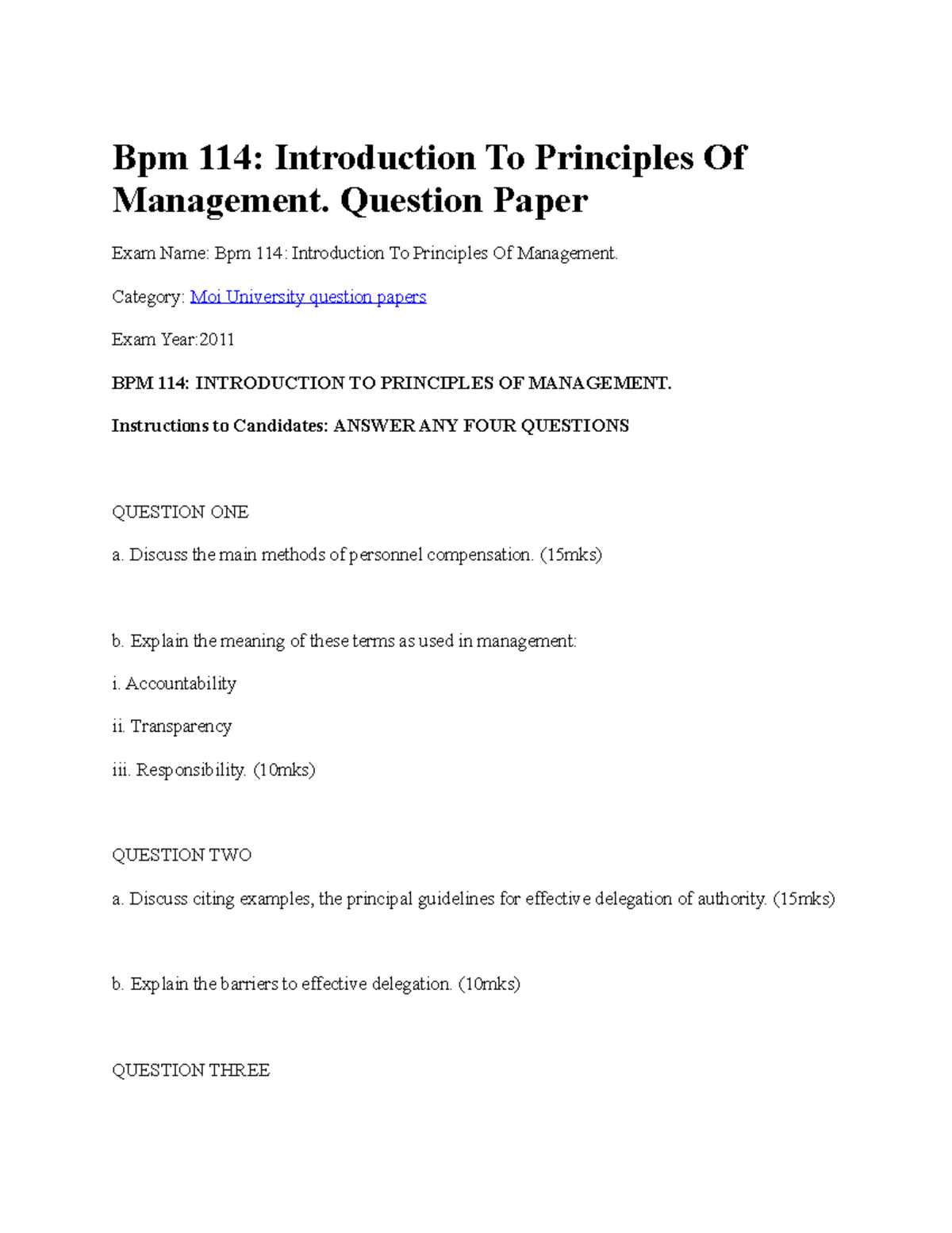 Introduction To Principles Of Management Paper 1 - Bpm 114 ...