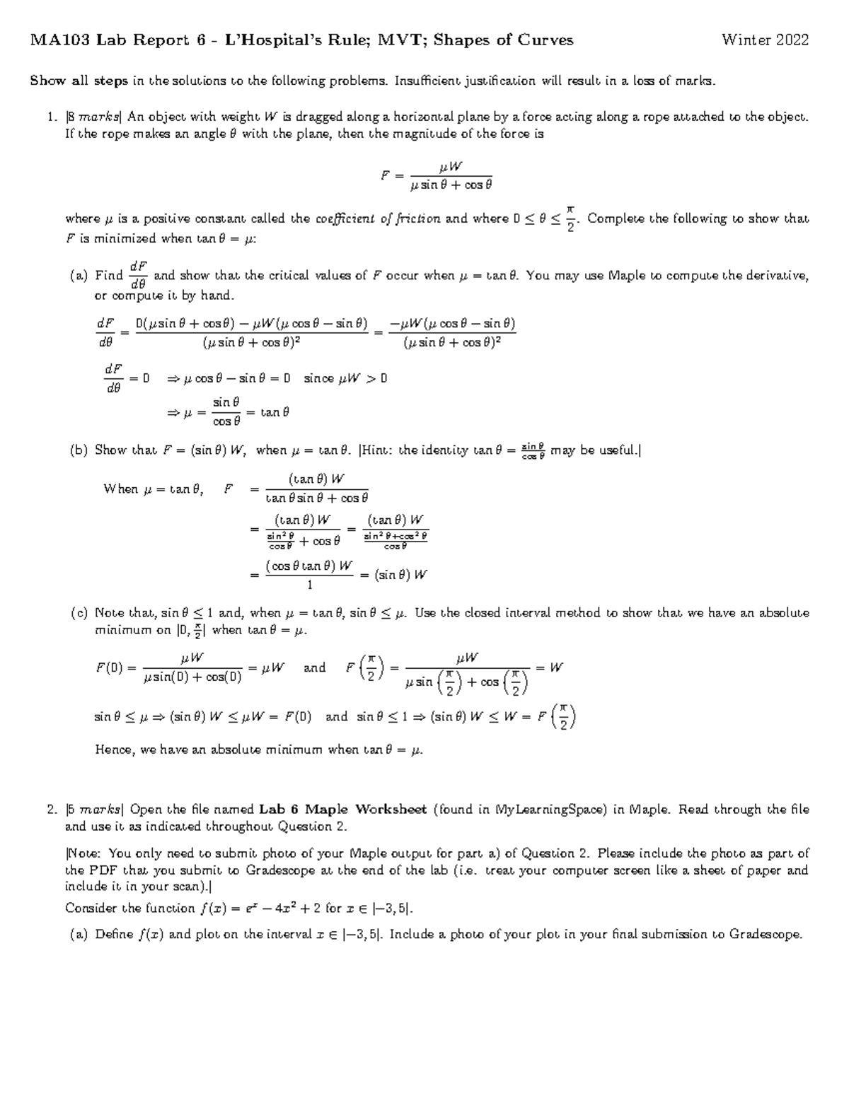 MA103 Lab 6 Solutions 1 - MA103 Lab Report 6 - L’Hospital’s Rule; MVT ...