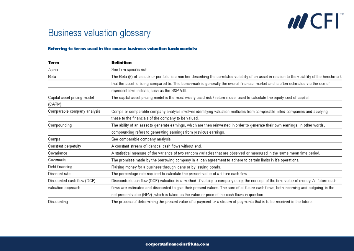 CFI Business Valuation Glossary - Mathematics with finance - UoM - Studocu