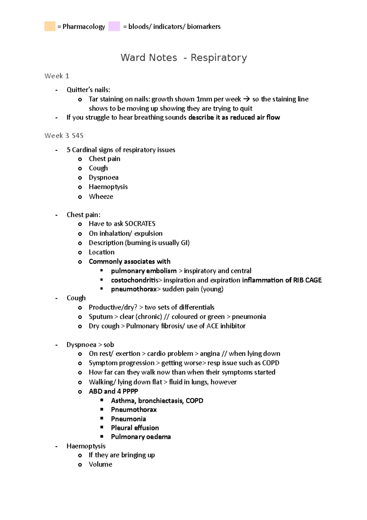 Respiratory ward notes - ___ = Pharmacology ___ = bloods/ indicators ...