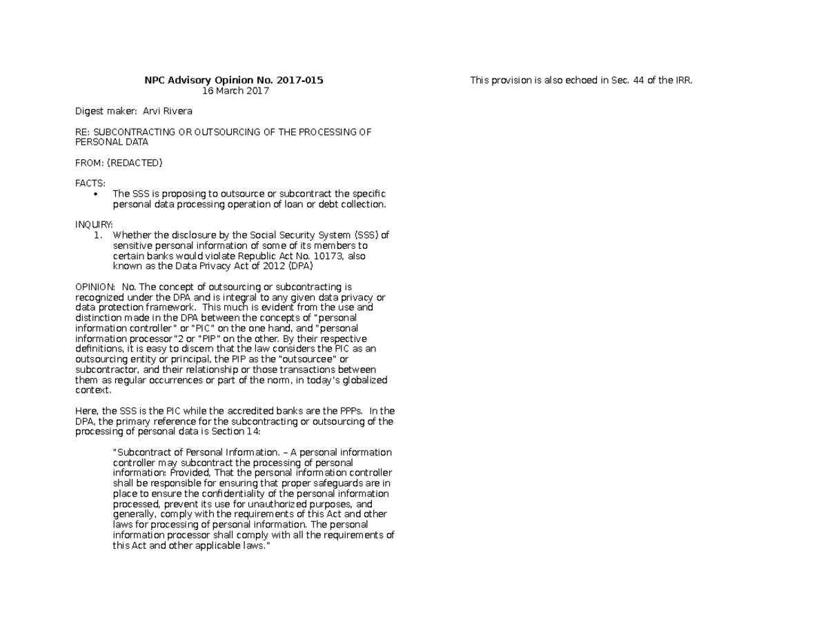 NPC Advisory Opinion No. 2017-015 - NPC Advisory Opinion No. 2017- 16 March 2017 Digest maker ...
