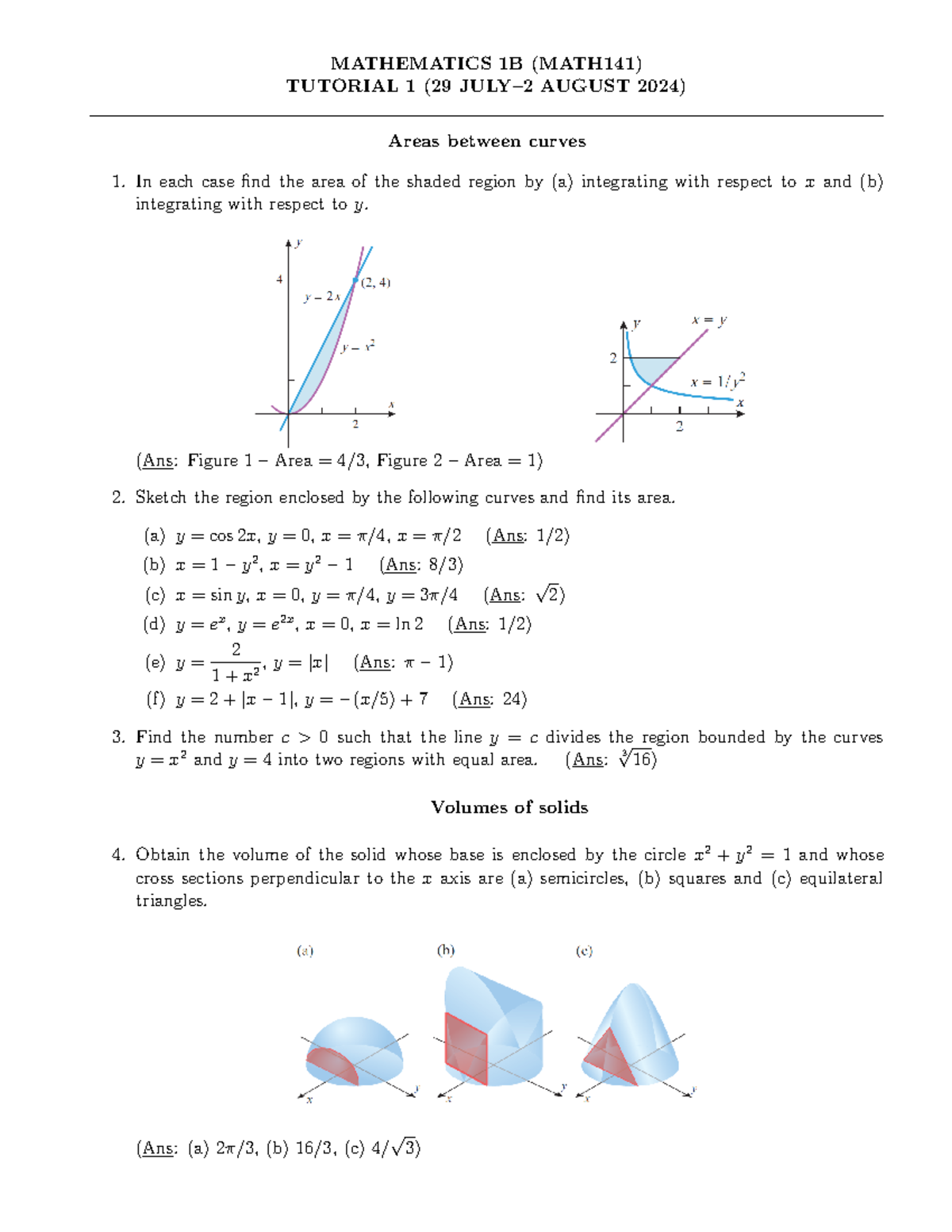 Tutorial 1 - practice material - MATHEMATICS 1B (MATH141) TUTORIAL 1 (29 JULY–2 AUGUST 2024 ...