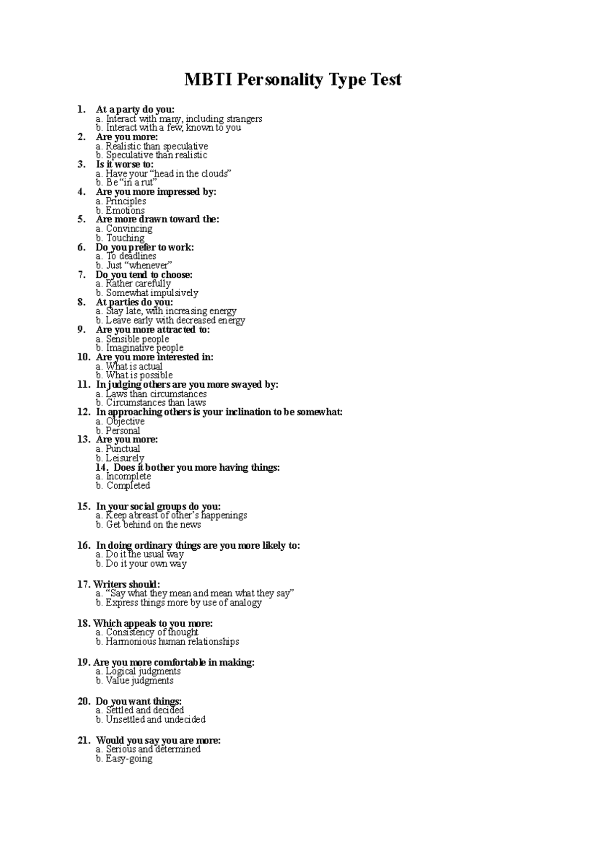 MBTI Type Test 1 see the tình - MBTI Personality Type Test 1. At a ...