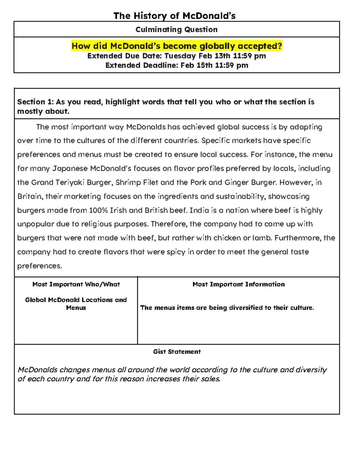 Mc Donald's Globalization Reading 10 AT Points - The History of ...