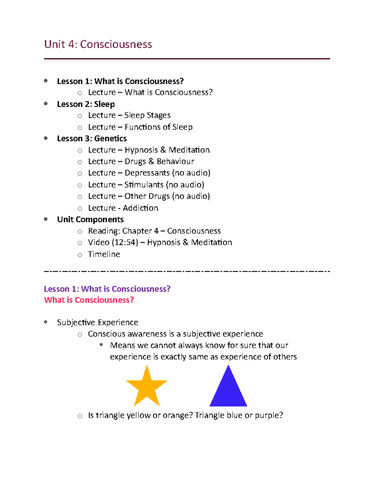 Notes (Unit 4) - Consciousness - Unit 4: Consciousness Lesson 1: What ...