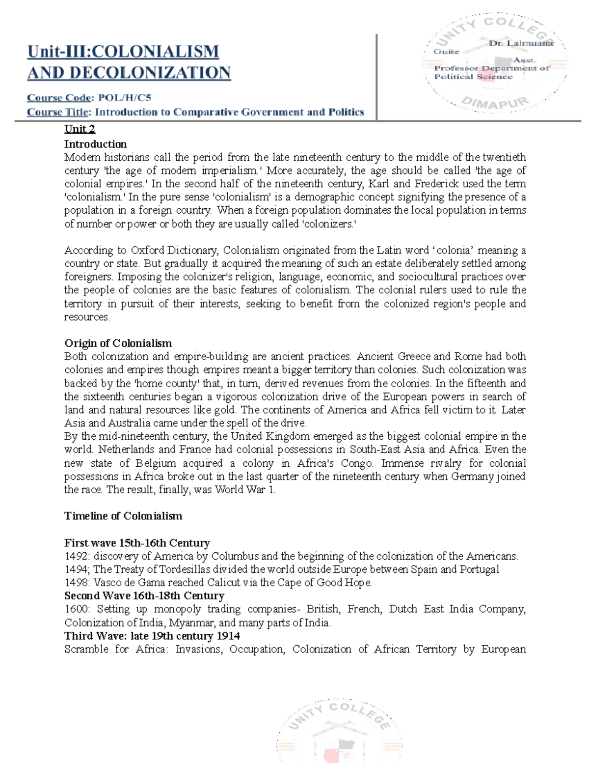 Unit-3 Colonialism and Decolonization - Unit 2 Introduction Modem ...