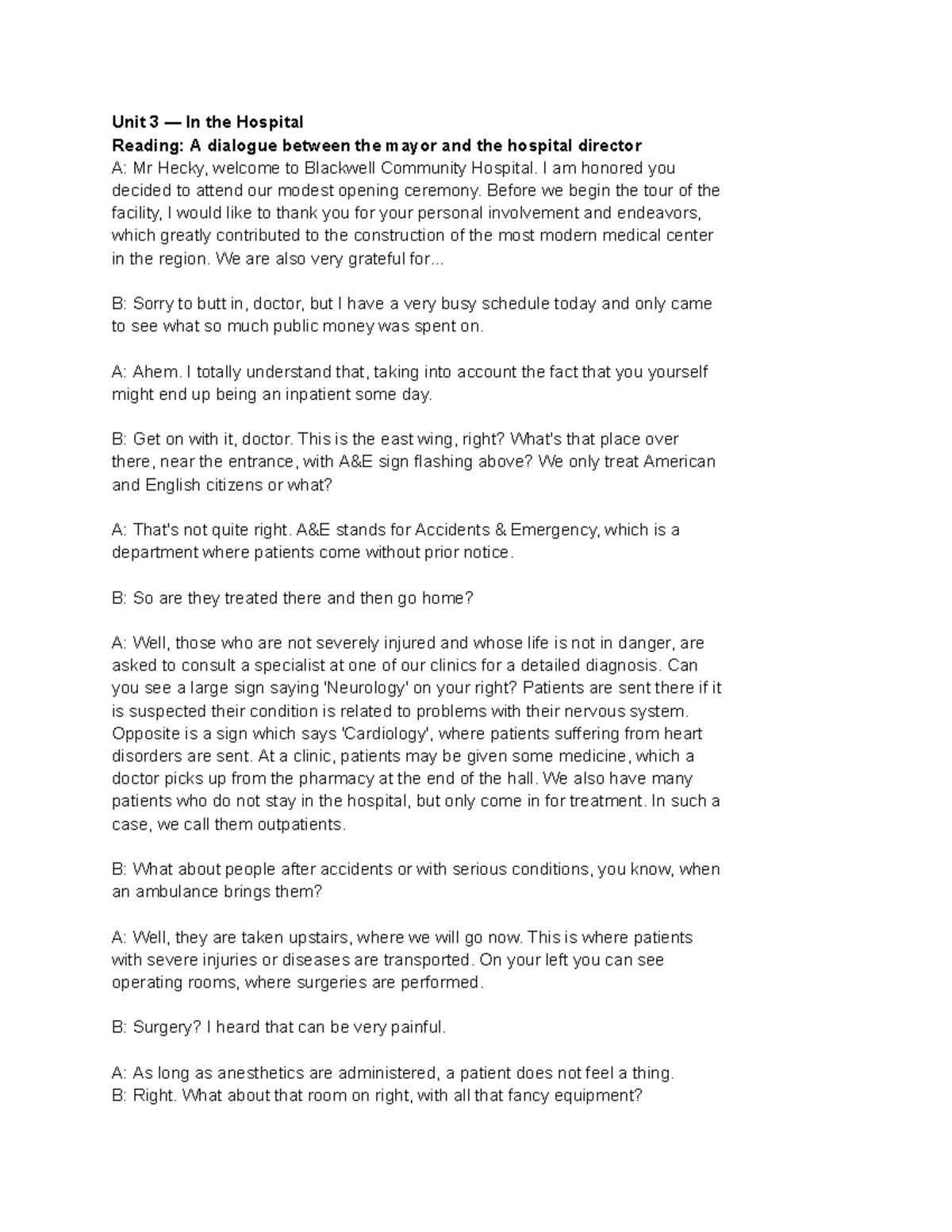 In the Hospital - Unit 3 — In the Hospital Reading: A dialogue between ...